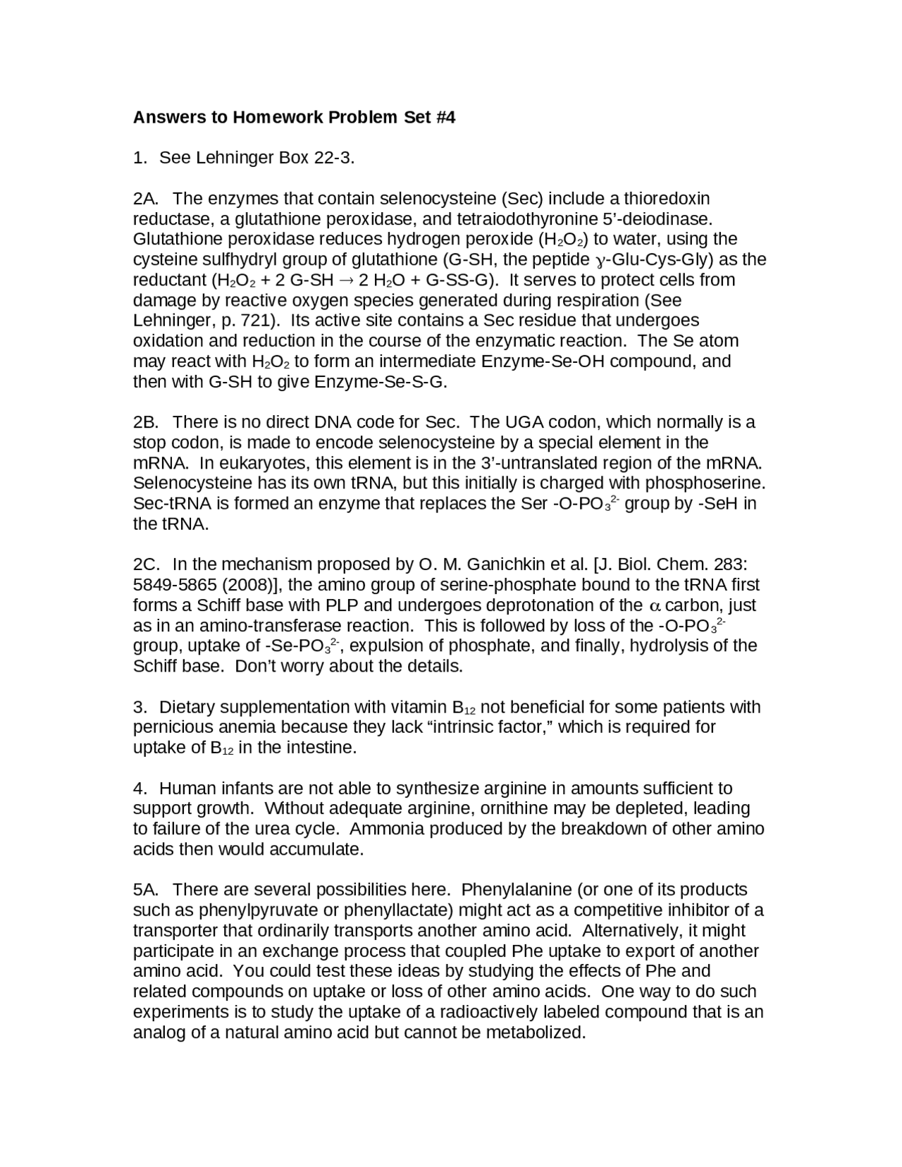 Answer To Homework Problems Set 4 Biochemistry Bioc 441 Docsity