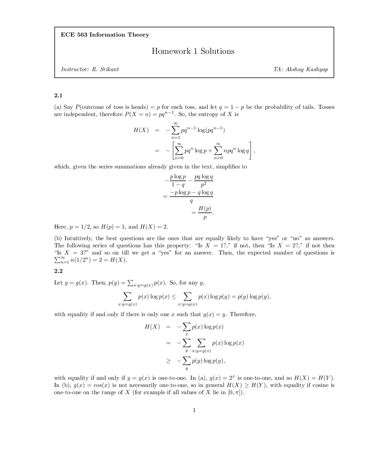 7 Solved Problems On The Information Theory Assignment 1 Ece 563