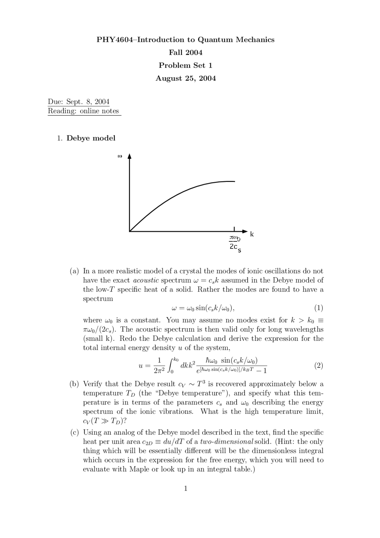Problem Set 1 - Introduction to Quantum Mechanics I | PHY 4604 | Assignments Physics | Docsity