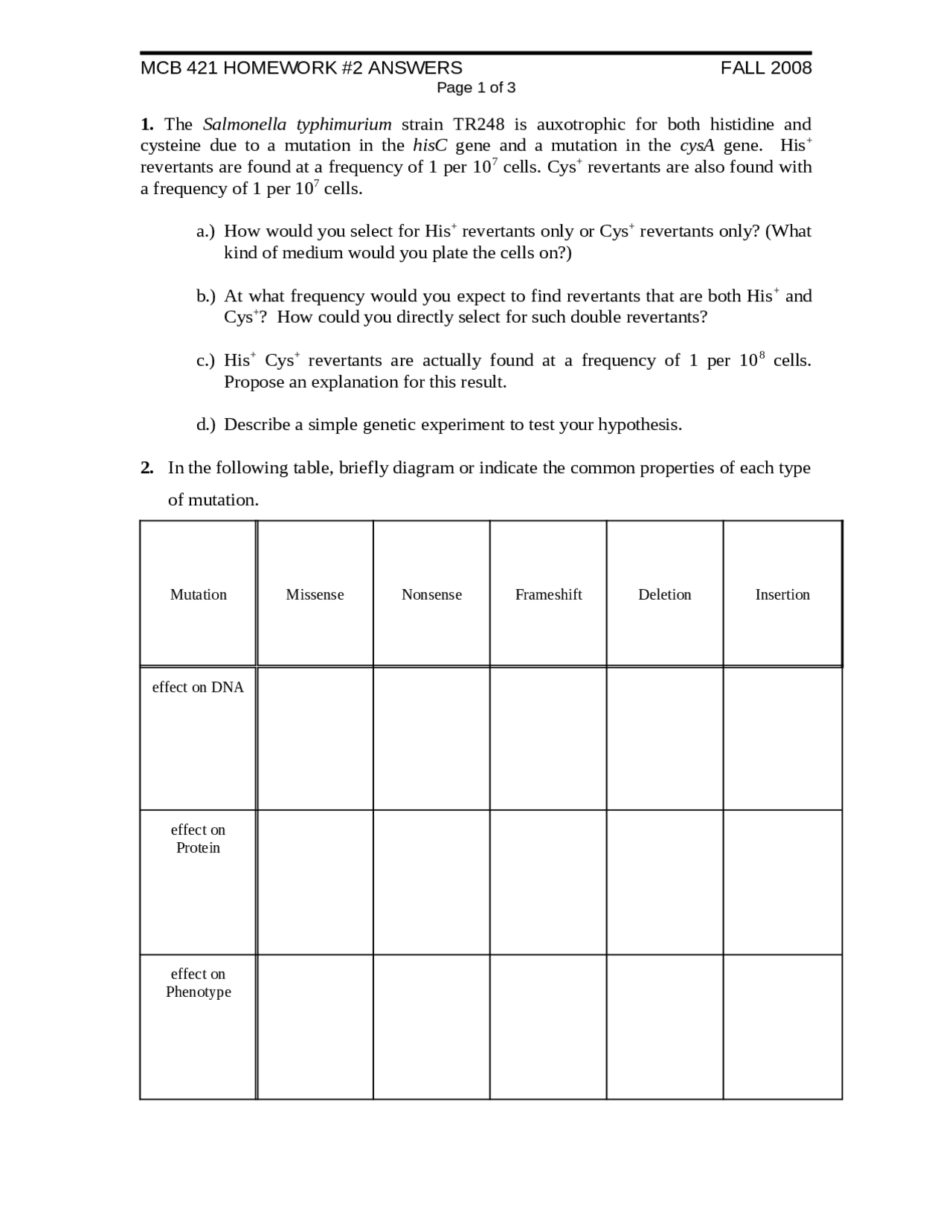 Homework 2 With Solution Microbial Genetics Mcb 421 Docsity