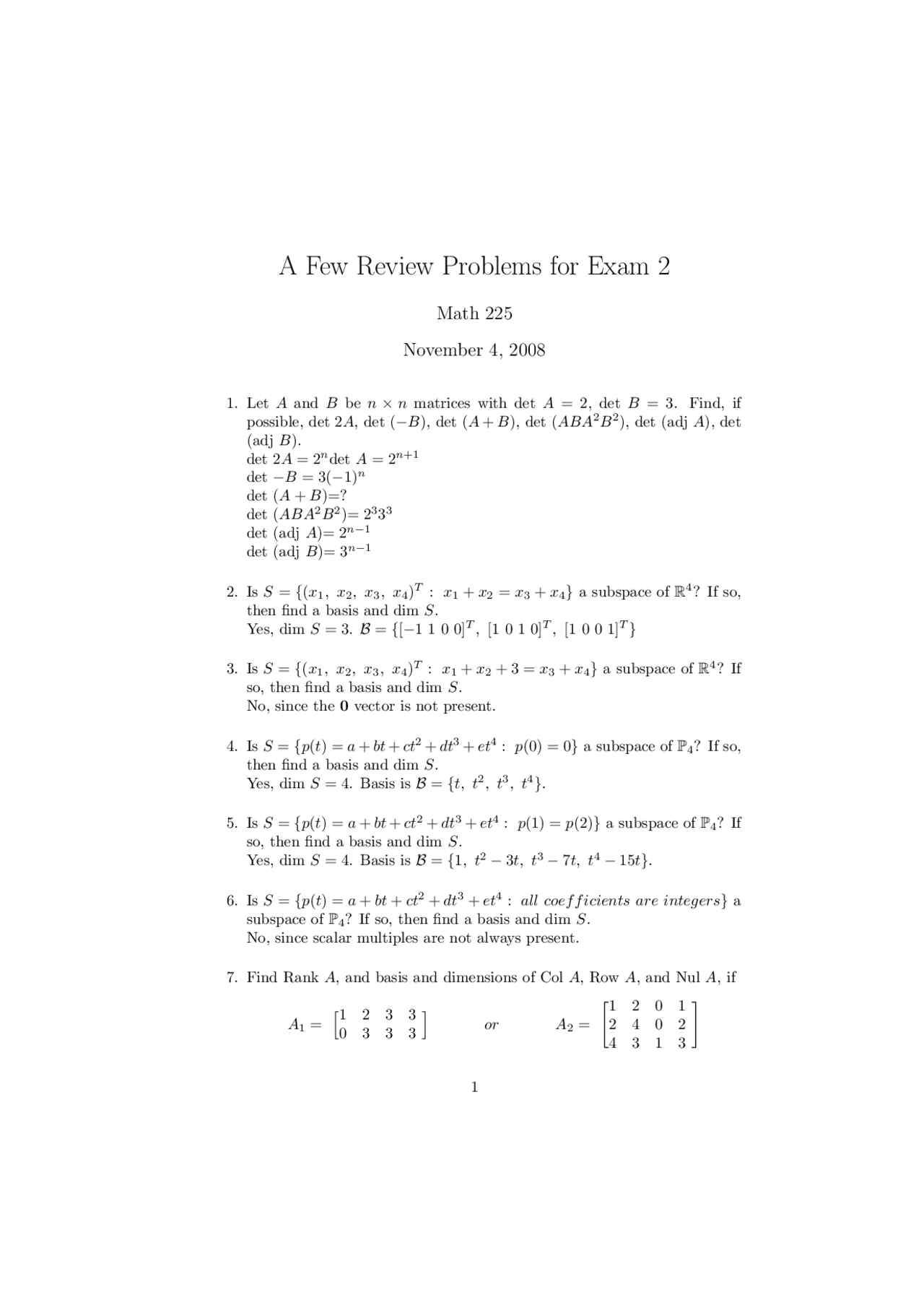 Review Problems For Exam 2 Introductory Matrix Theory Math 225