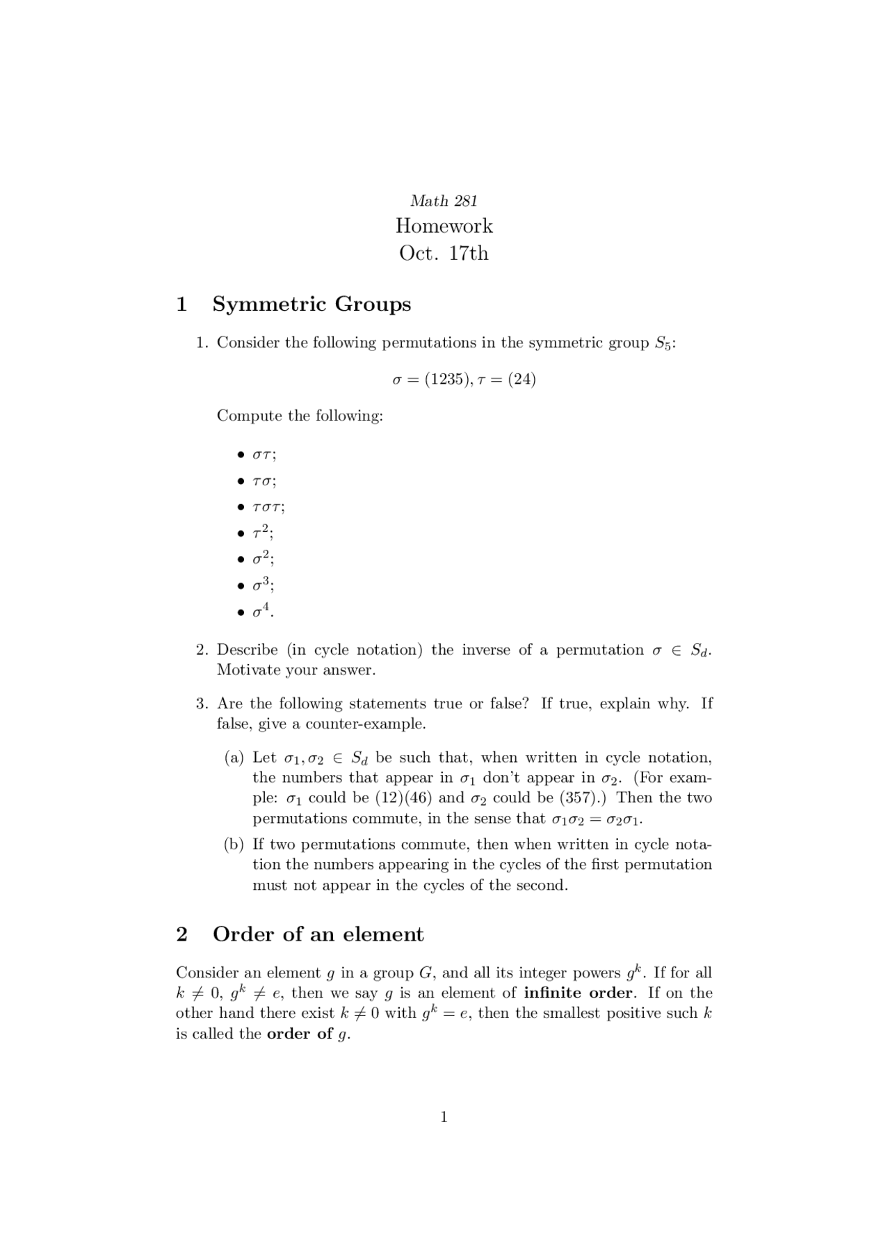 Math 281 Homework: Symmetric Groups and Group Element Orders | Assignments Mathematics | Docsity