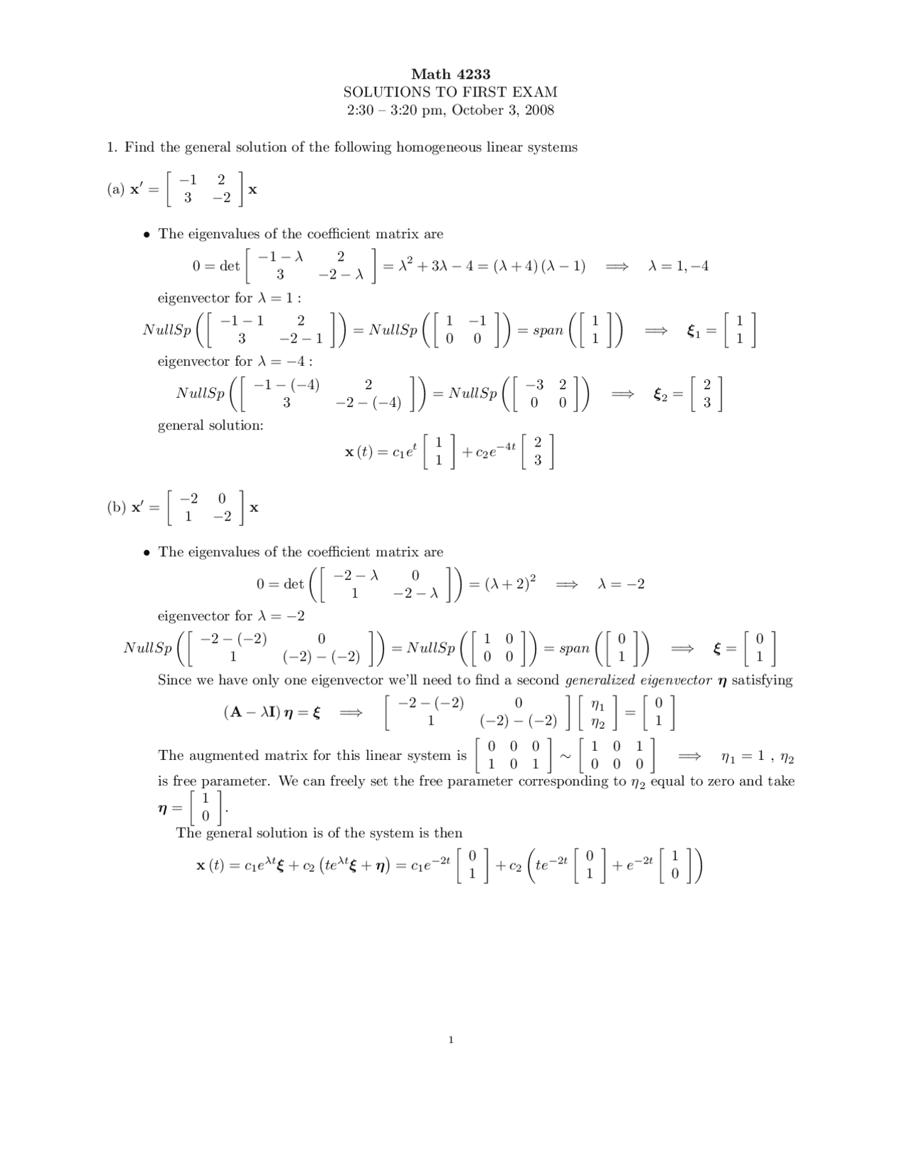 First Exam Resolution Intermediate Differential Equations Math 4233