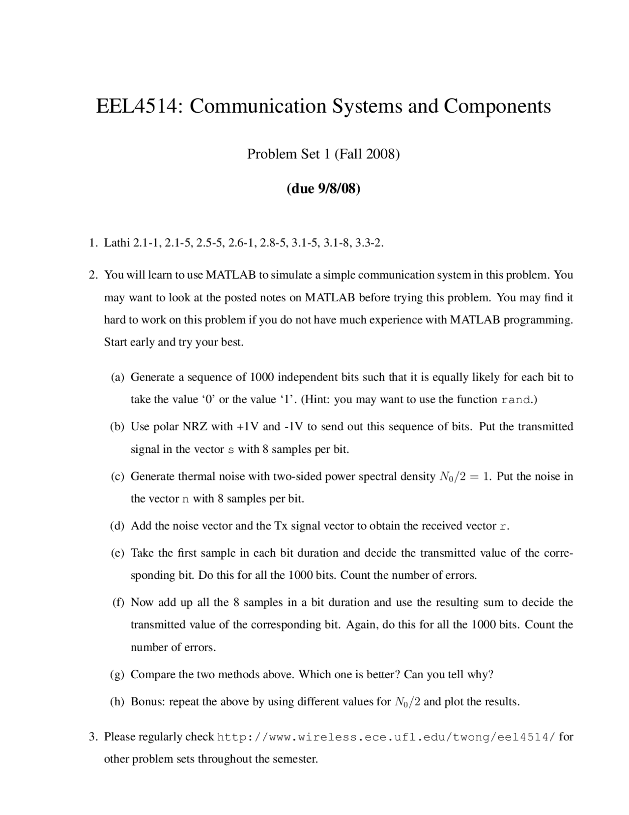 Communication Systems And The Components Assignment 1 Eel 4514