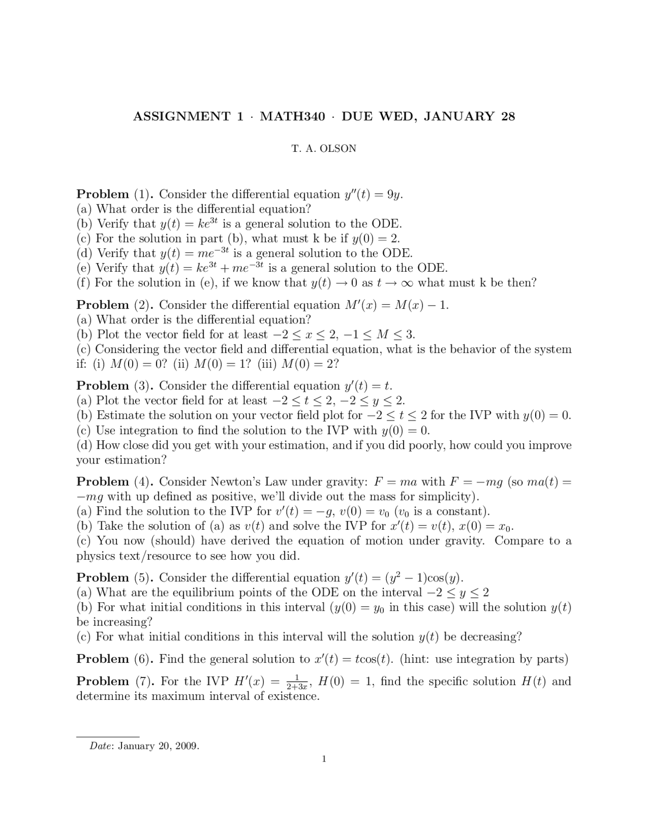 Introduction To Ordinary Differential Equations Assignment 1 Math