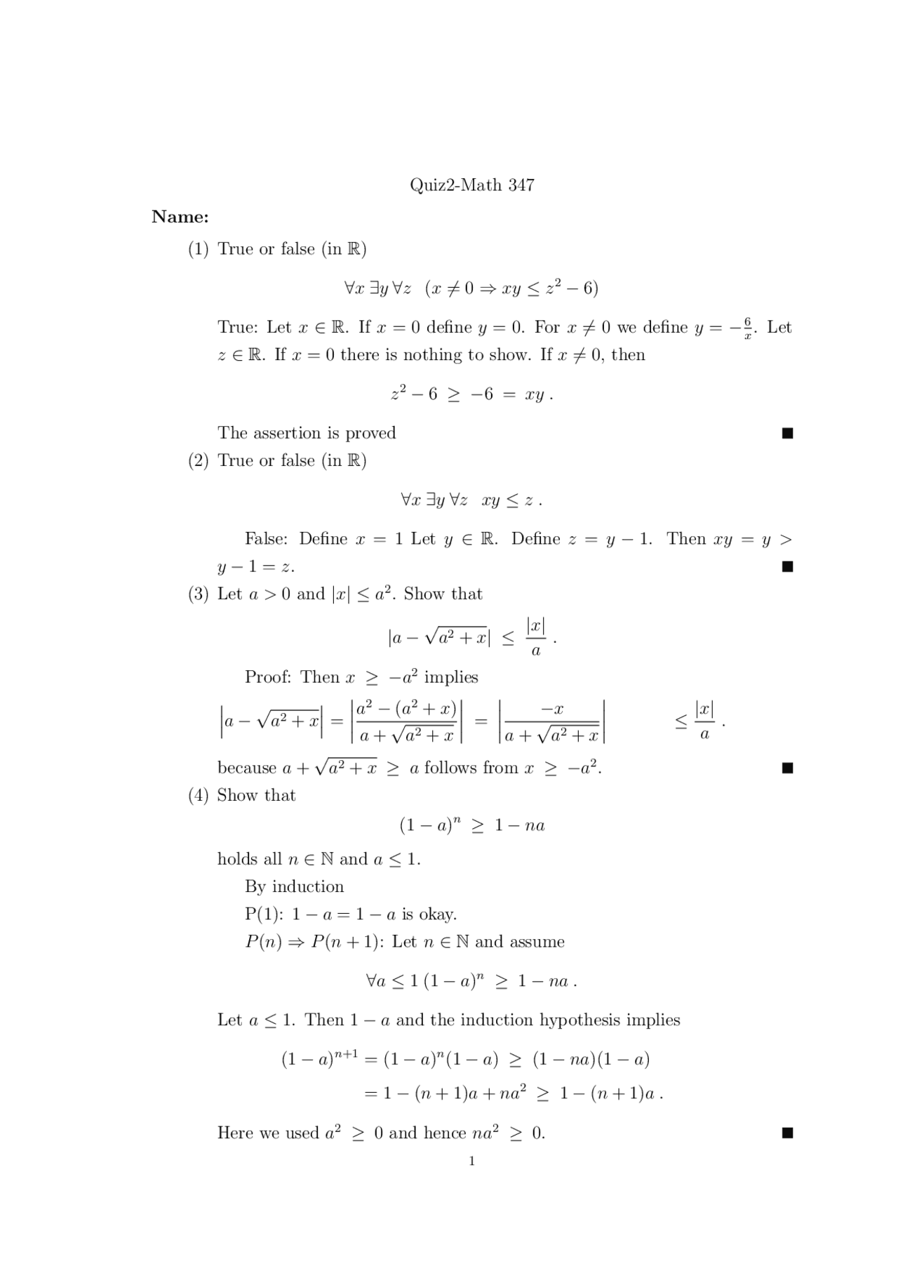 Quiz 2 Solutions for Fundamental Mathematics | MATH 347 - Docsity
