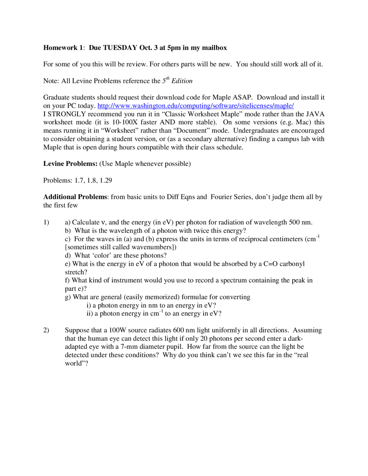 Homework 1 Problems Introduction Quantum Chemistry Chem 550 Docsity