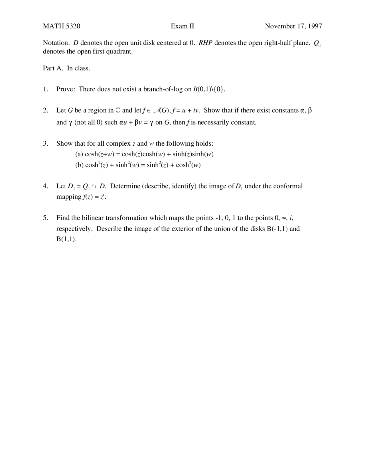 MATH 5320 Exam II - November 17, 1997 | Exams Mathematics | Docsity