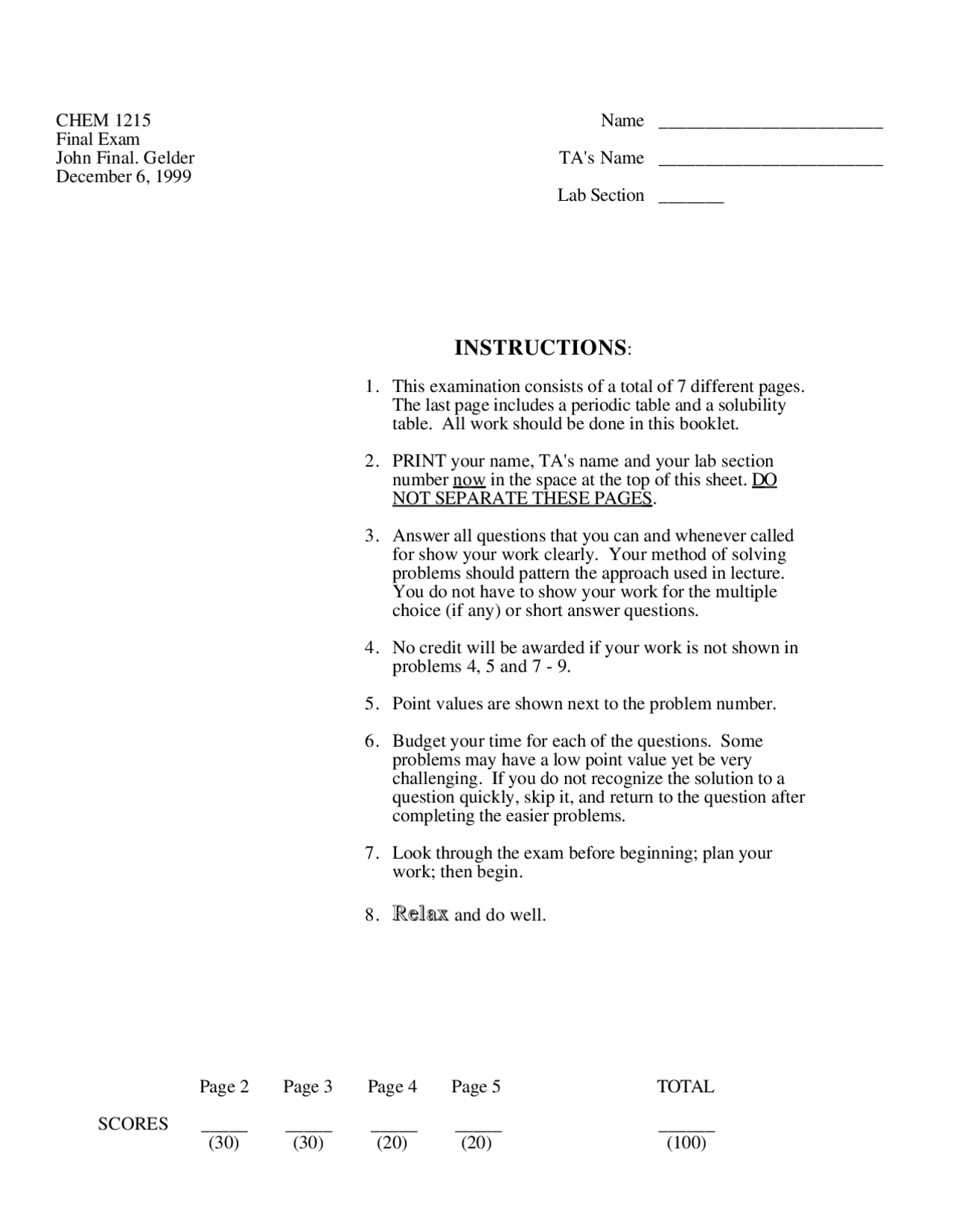 General Chemistry Final Lab Exam 1999 Chem 1215 Docsity