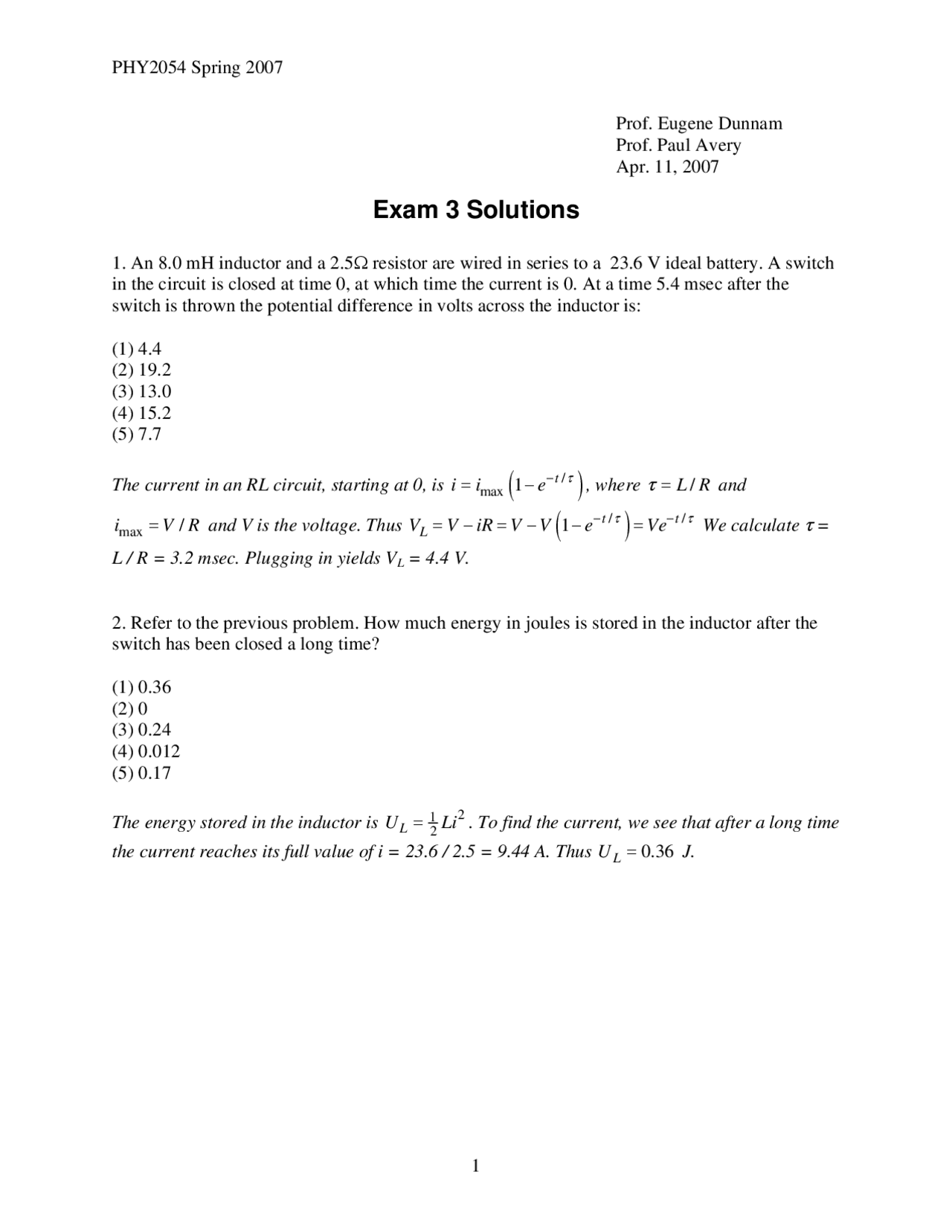 Exam 3 with Solutions | Physics 2 | PHY 2054 - Docsity