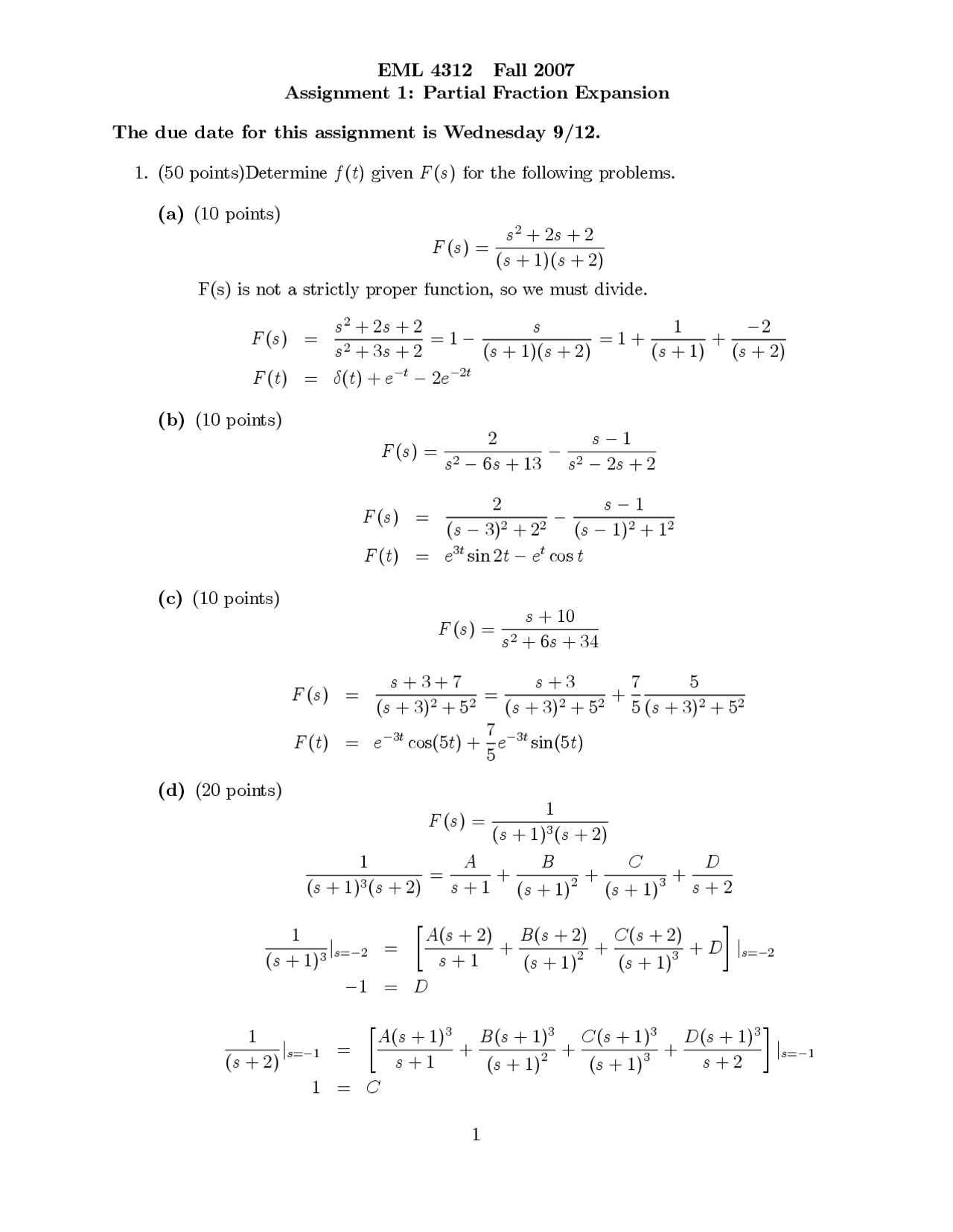 Homework One Partial Fraction Expansion Eml 4312 Docsity