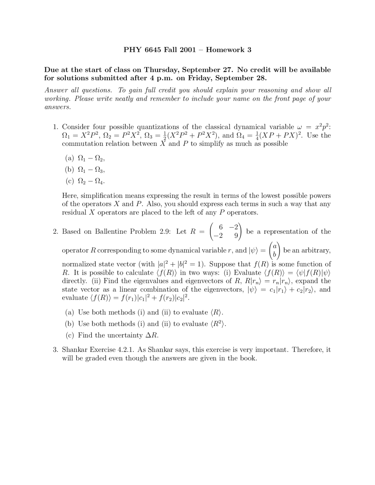 Homework 3 with Problem - Quantum Mechanics I | PHY 6645 - Docsity