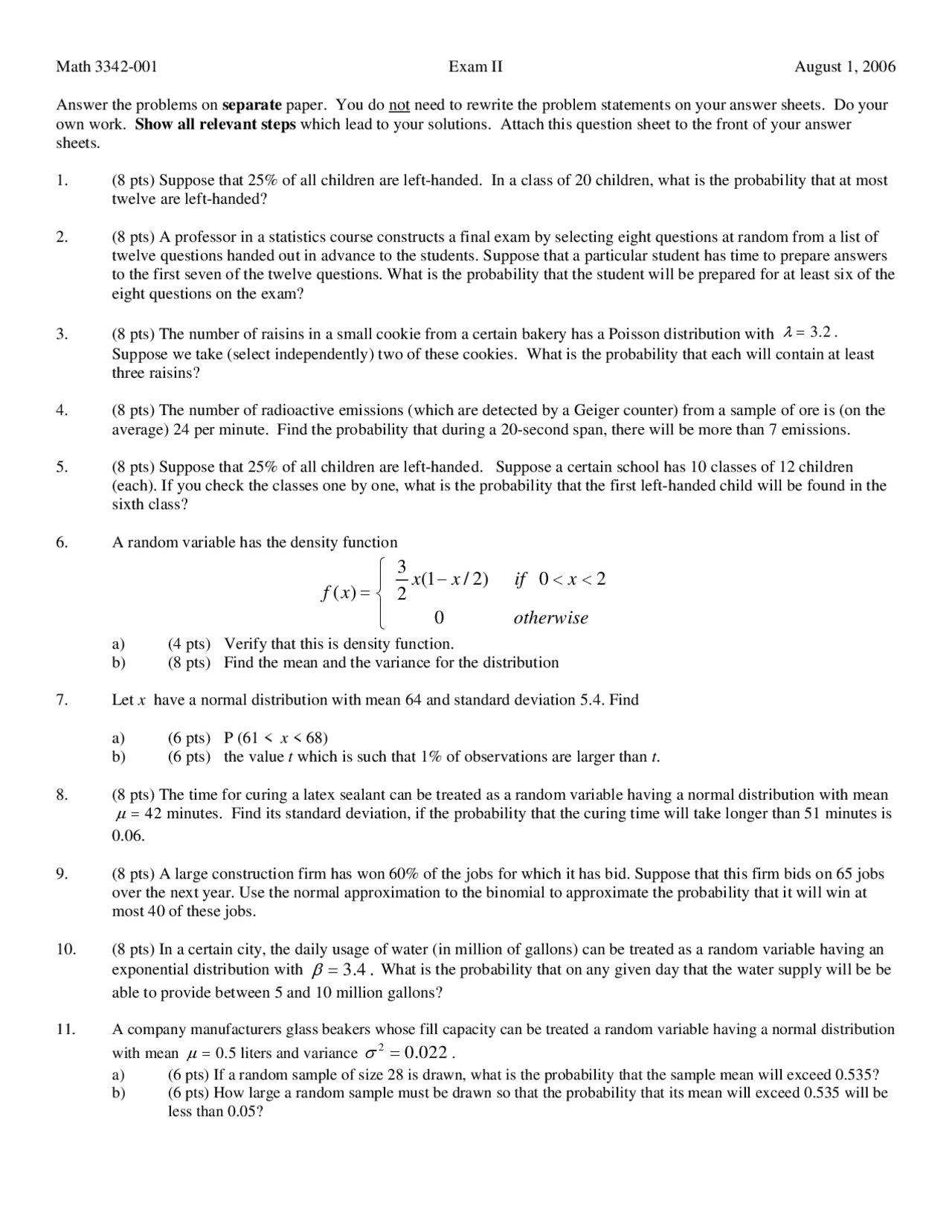 11 Problems Exam 2 Mathematical Statistics For Engineers And