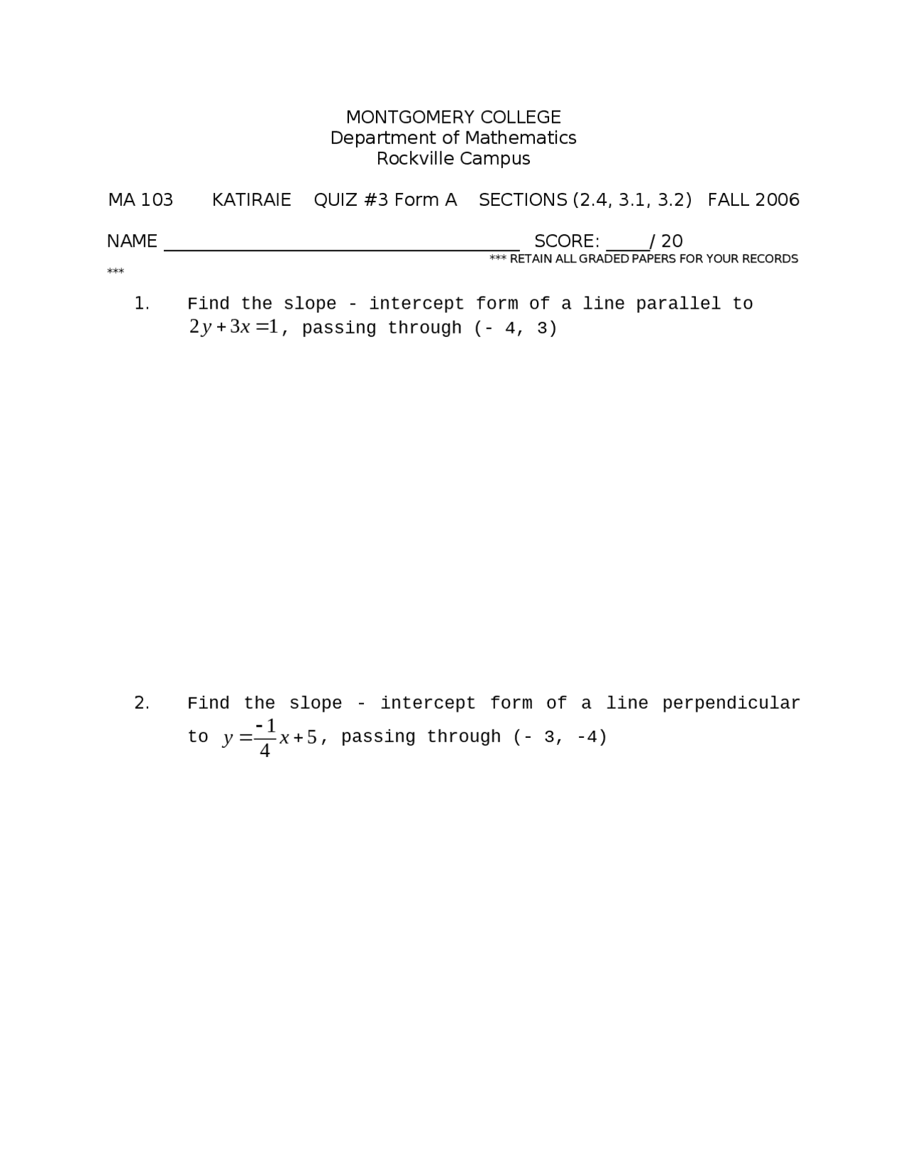 Quiz 3 Form A Intermediate Algebra Ma 103 Docsity
