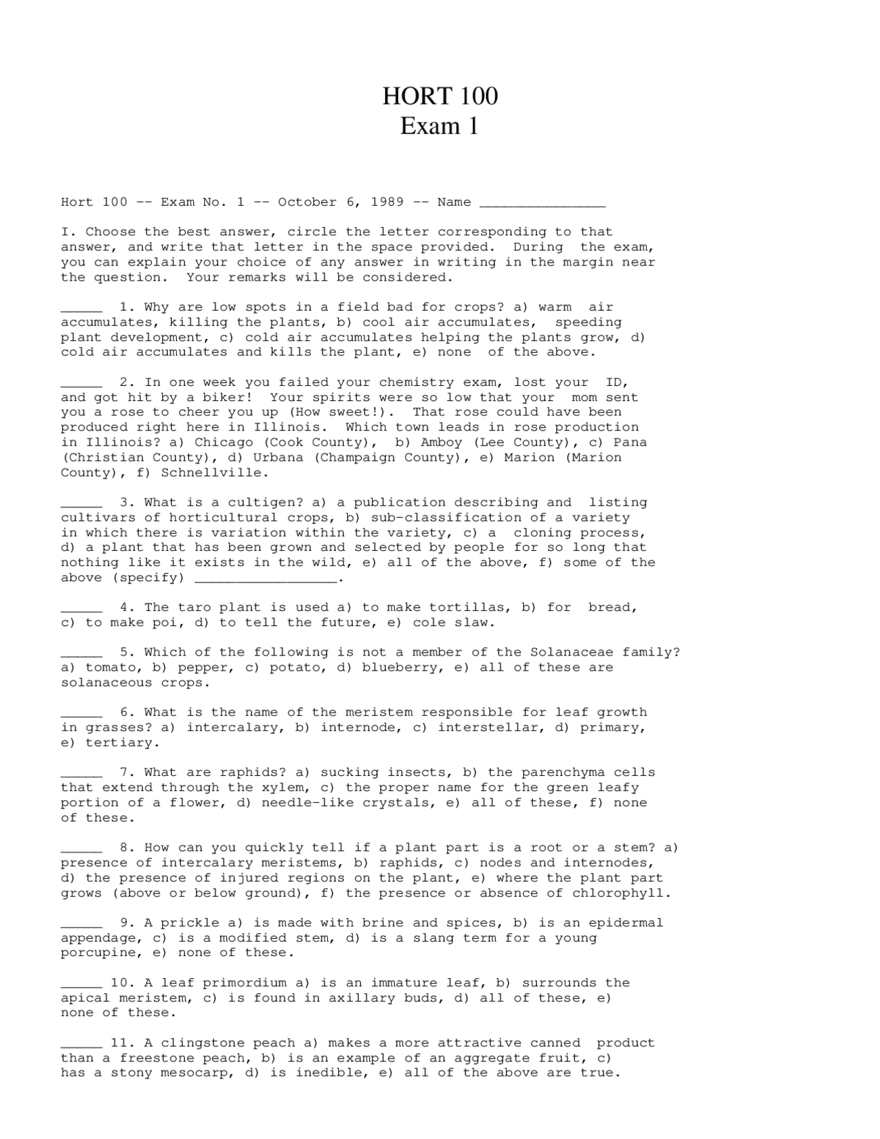 Exam 1 Questions Introduction To Horticulture Hort 100 Docsity