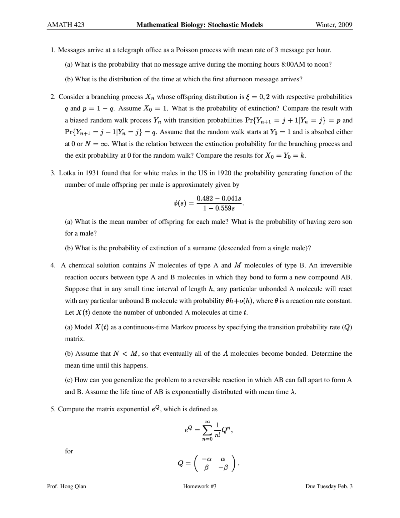 Mathematical Biology Stochastic Models Assignment Amath 423 Docsity