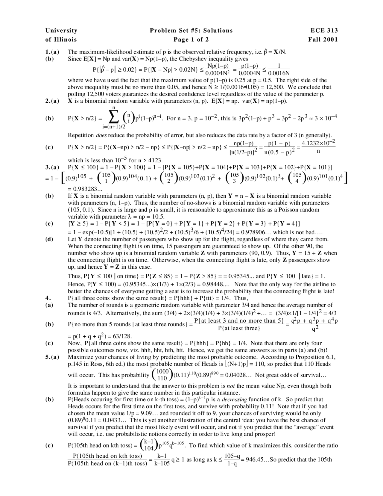 7 Problems On Binomial Random Variable Assignment 5 Ece 313 Docsity