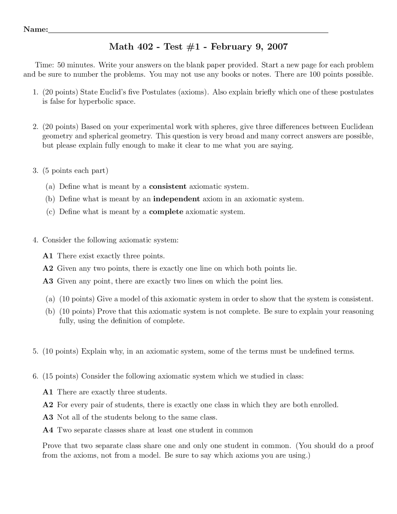 6 Questions Non Euclidean Geometry Exam 1 Math 402 Docsity