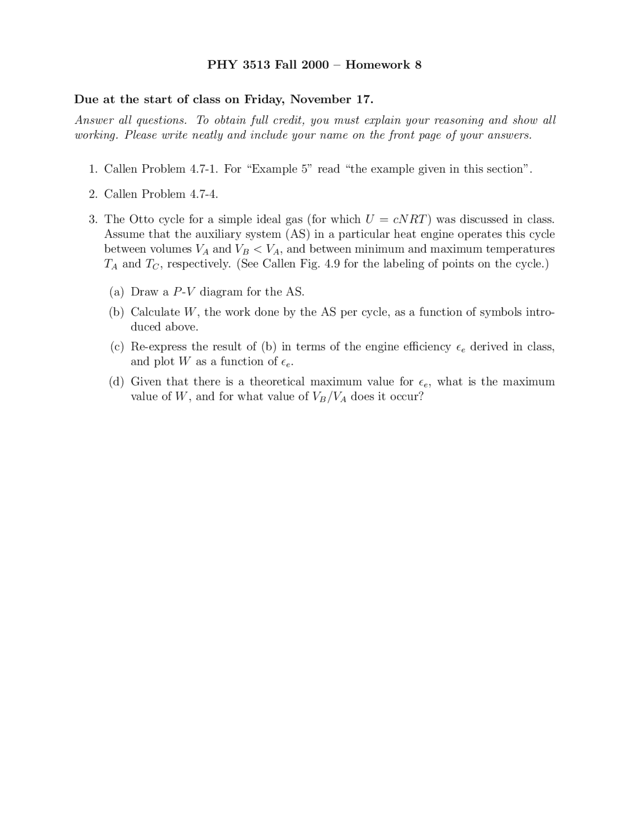 Thermal Physics Fall 2000 Homework 8 Phy 3513 Docsity