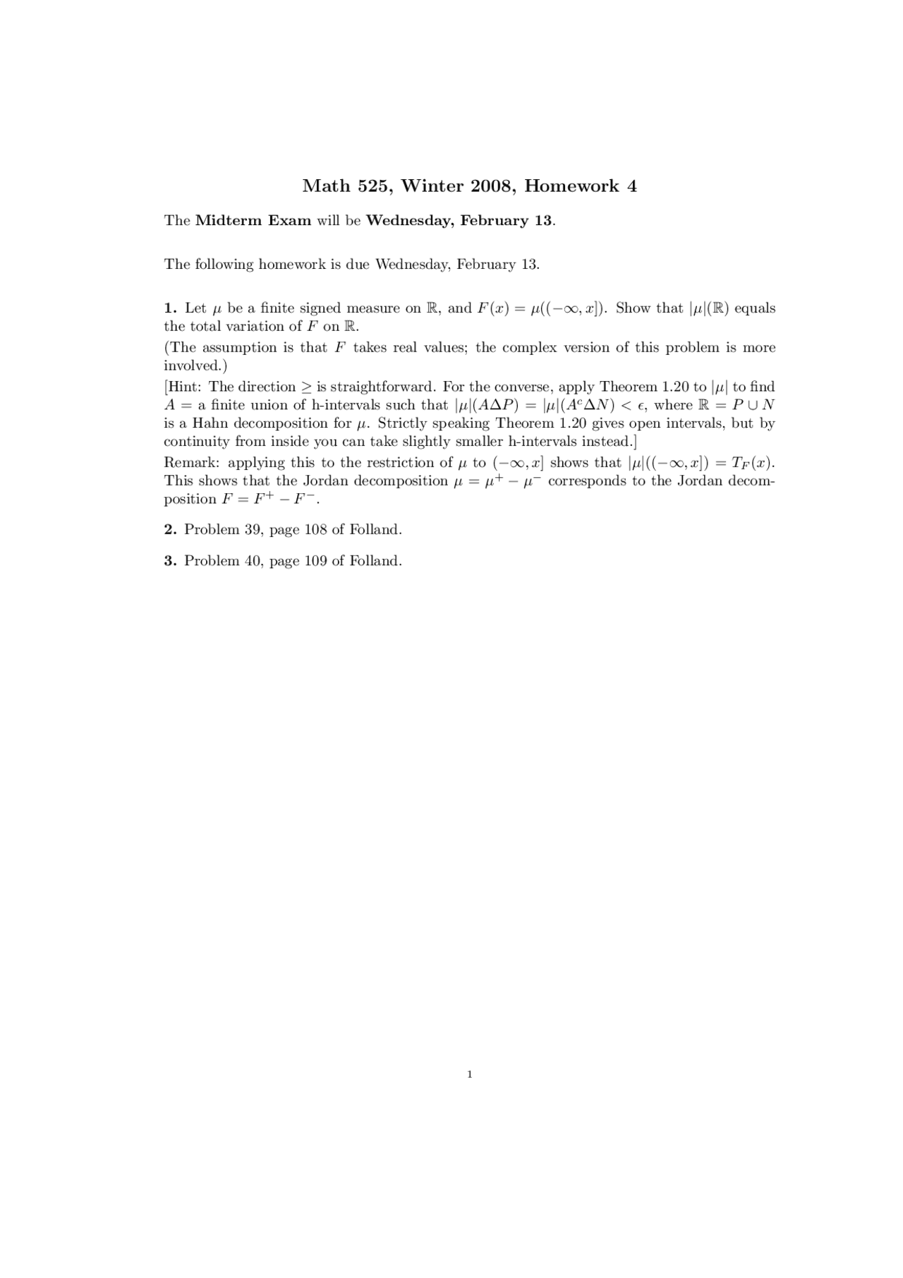 Homework 4 Problems Real Analysis Math 525 Docsity