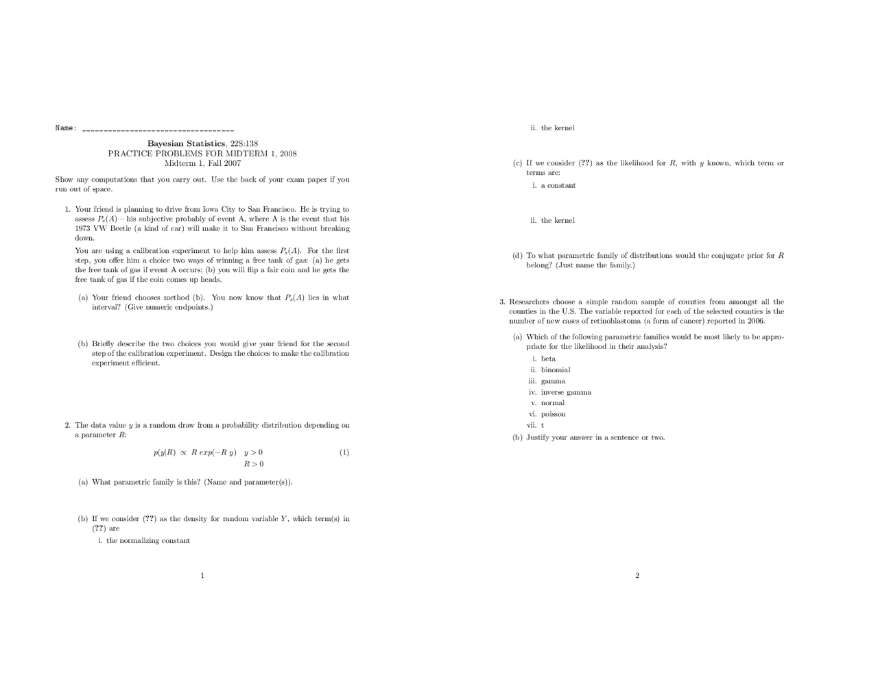 Practice Problems For Midterm Exam 1 Bayesian Statistics 22s 138