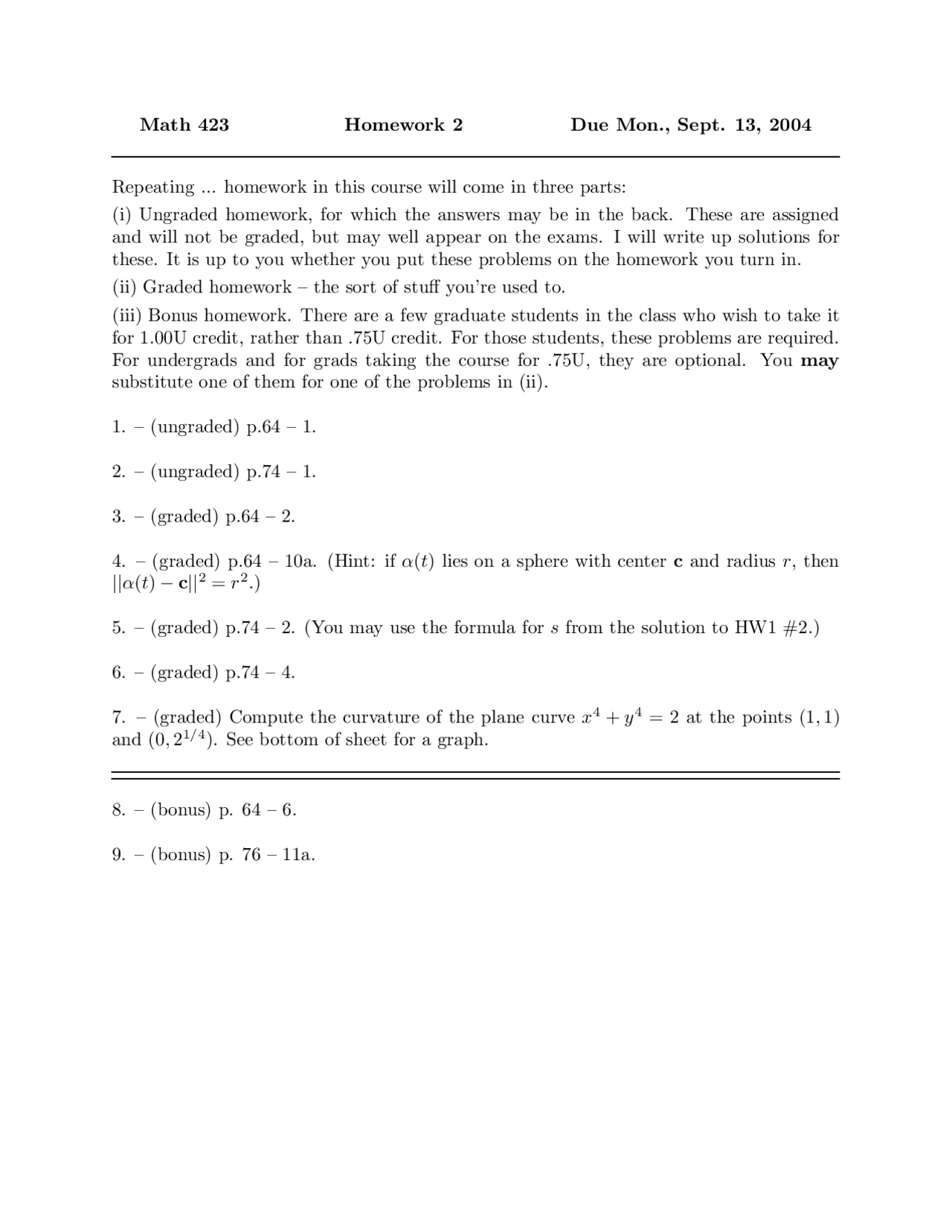 9 Problems On The Differential Geometry Homework 2 Math 423 Docsity