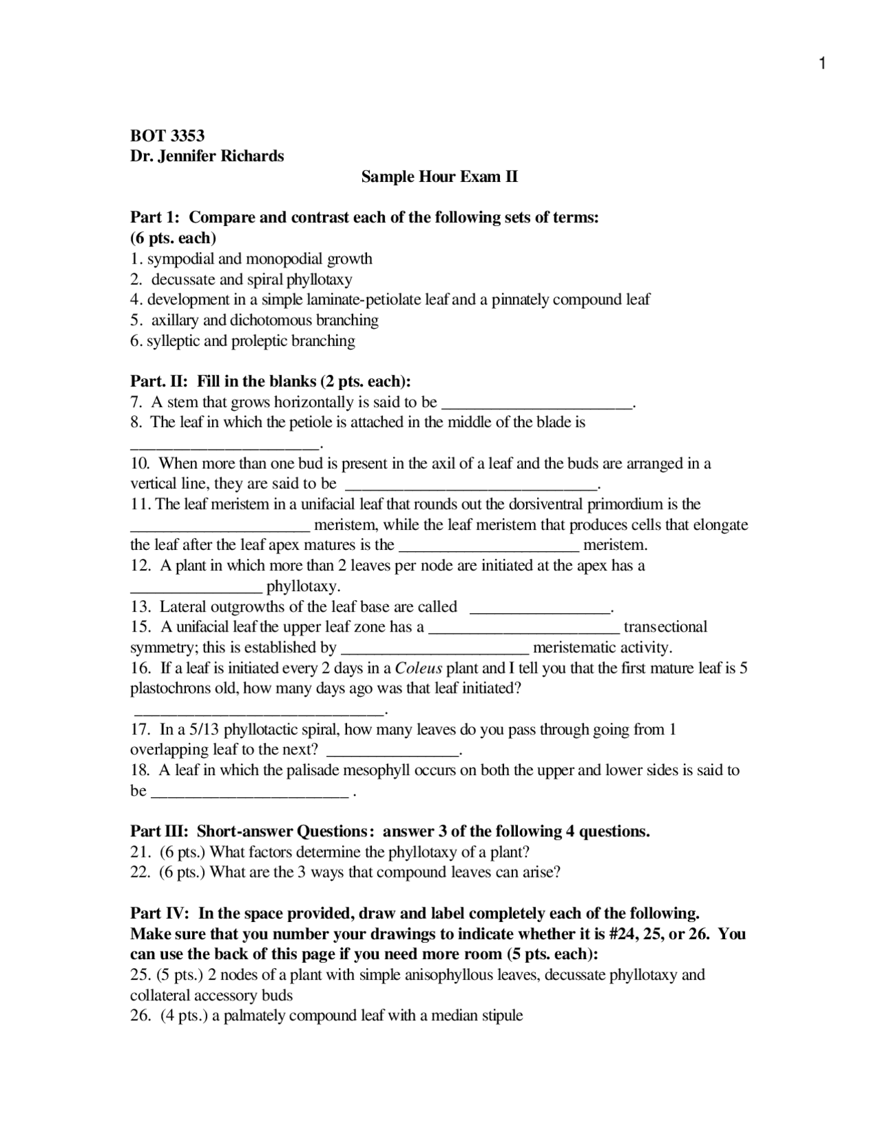 Sample Exam Ii Questions Morphology Of Vascular Plants Bot 3353