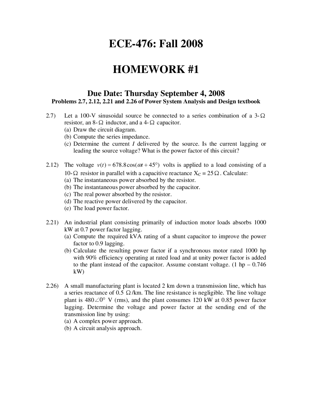 4 Problems on Power System Analysis and Design - Assignment 1 | ECE 476 - Docsity