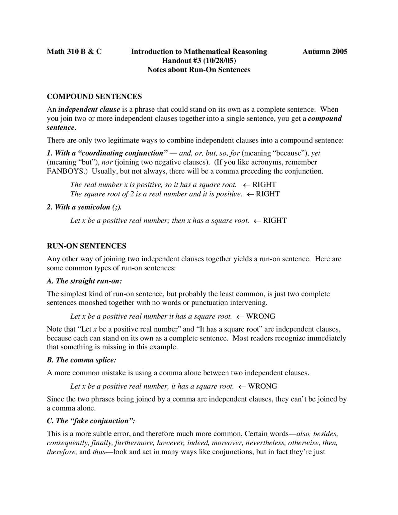 Run On Sentence Introduction To Mathematical Reasoning Handout