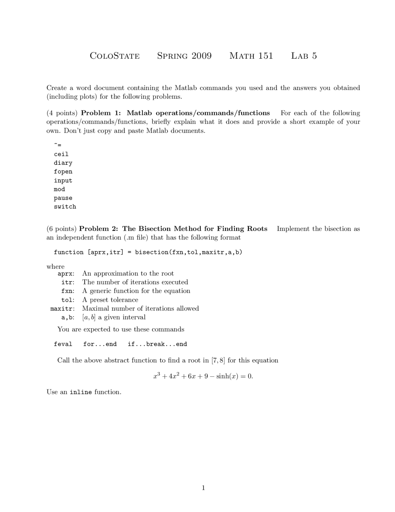 Lab 5 With Problems Mathematical Algorithms In Matlab I Math 151 9513