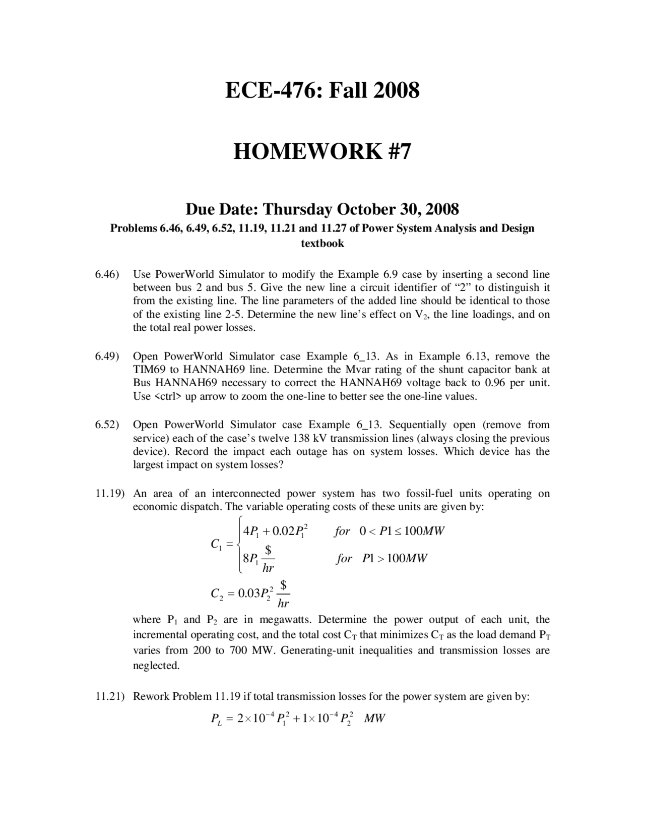 Power System Analysis Homework 7 Ece 476 Docsity
