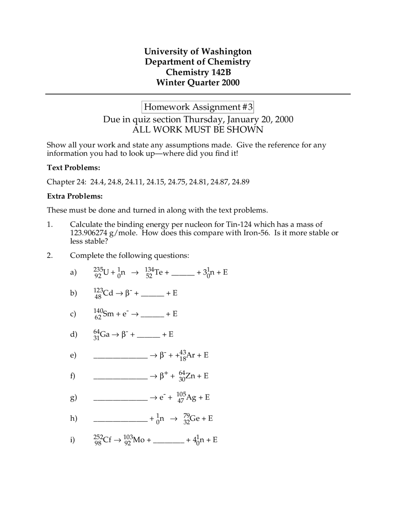 General Chemistry Homework 3 Problems Chem 142 Docsity