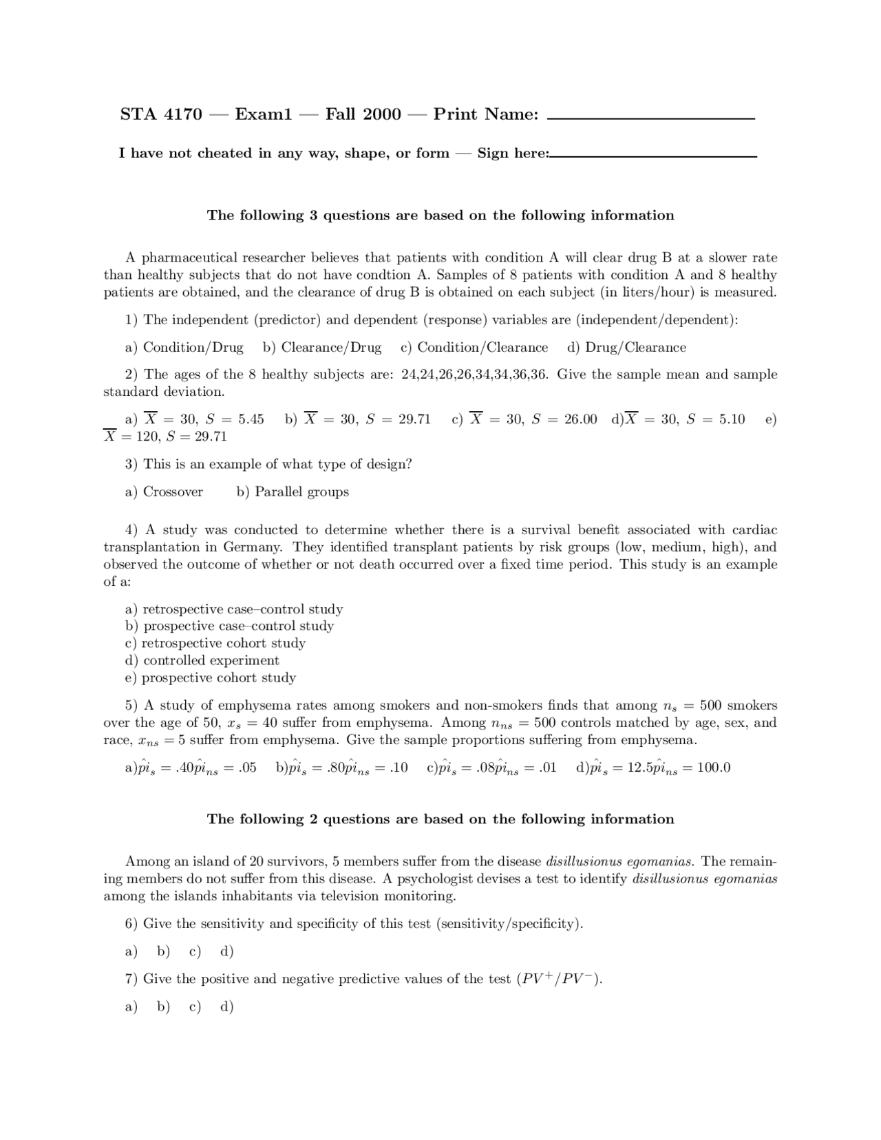 Practice Exam 1 Topics In Basic Analysis Sta 6934 Docsity