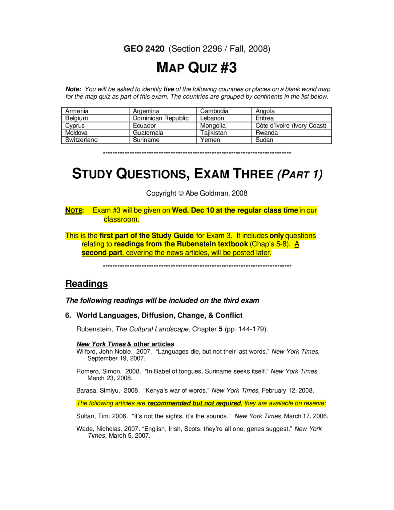 Map Quiz 3 for Introduction to Human Geography | GEO 2420 | Quizzes ...