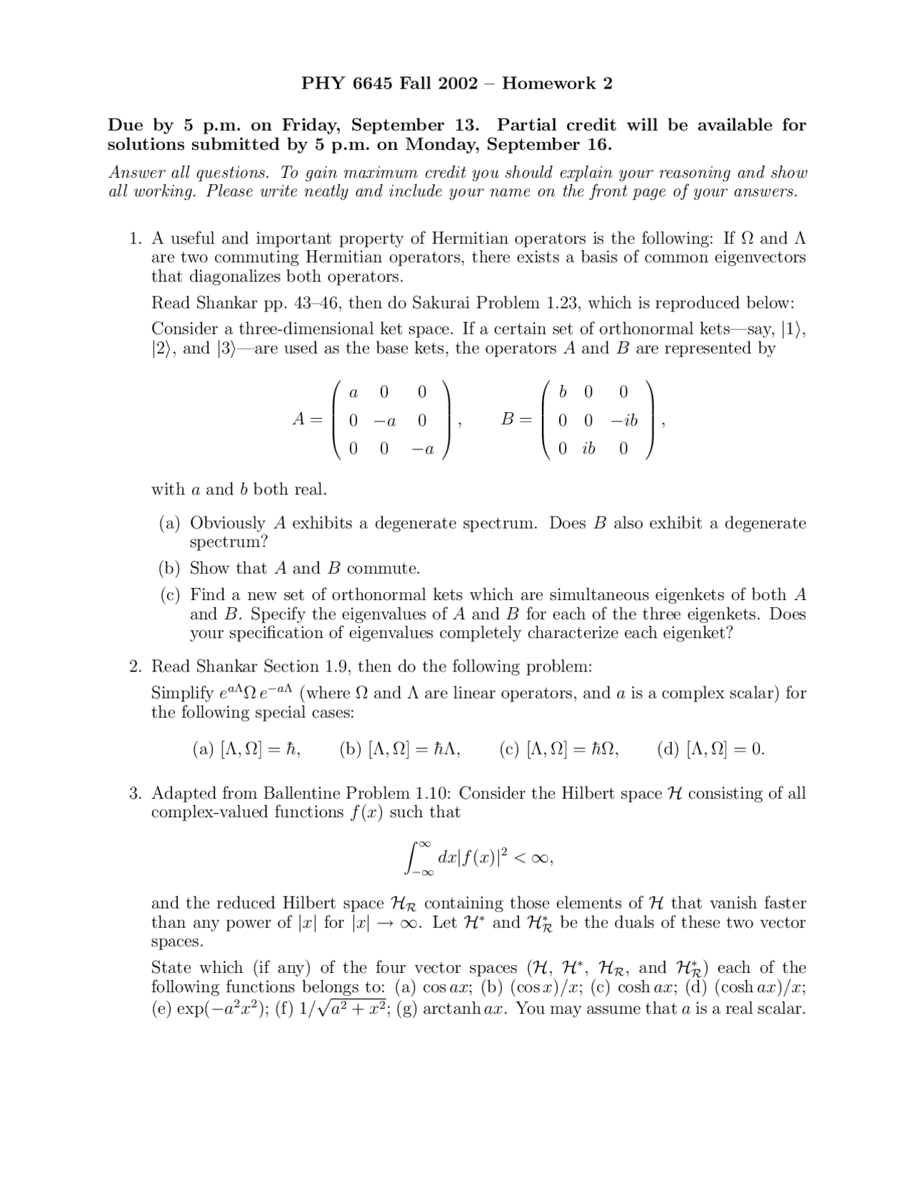 Homework #2 Problems - Quantum Mechanics I | PHY 6645 - Docsity