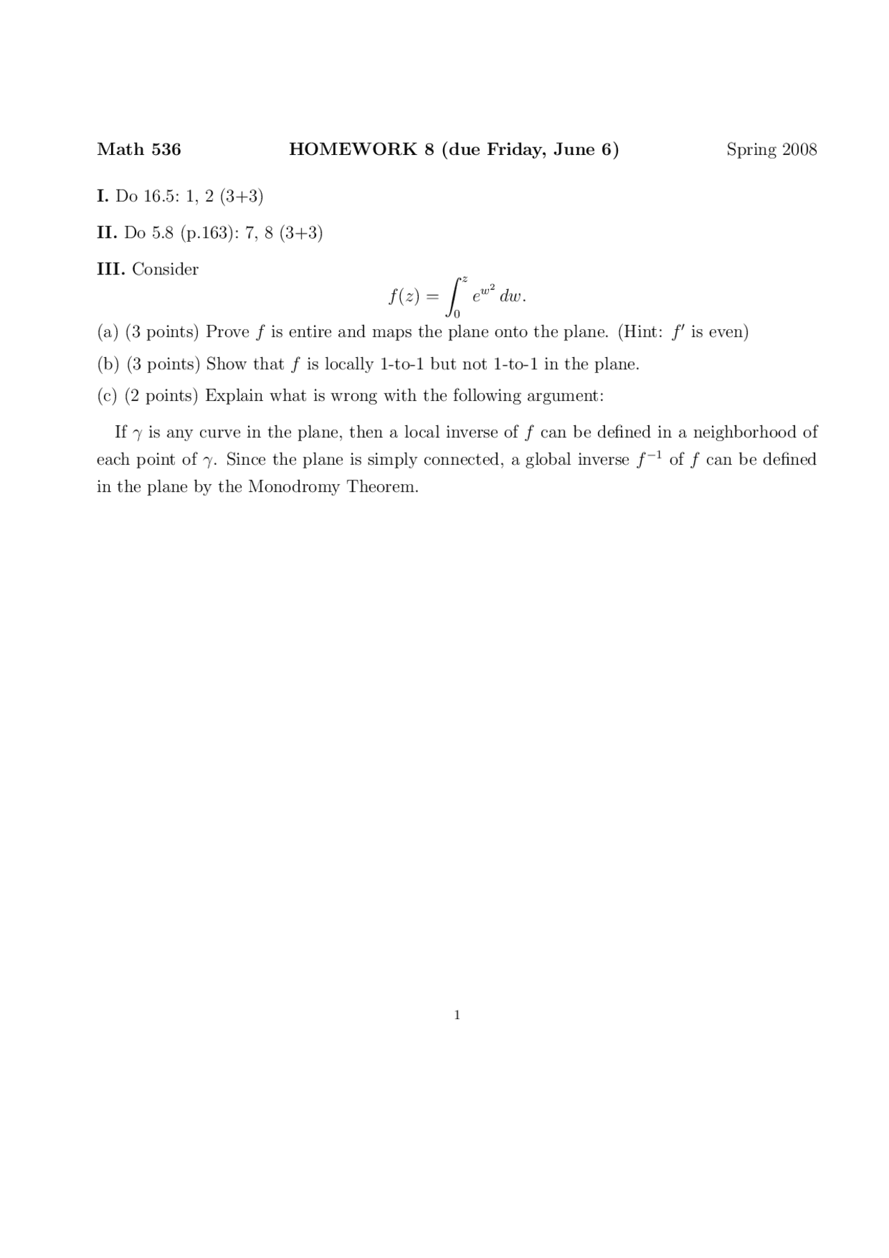 Homework 8 Questions Complex Analysis Math 536 Docsity