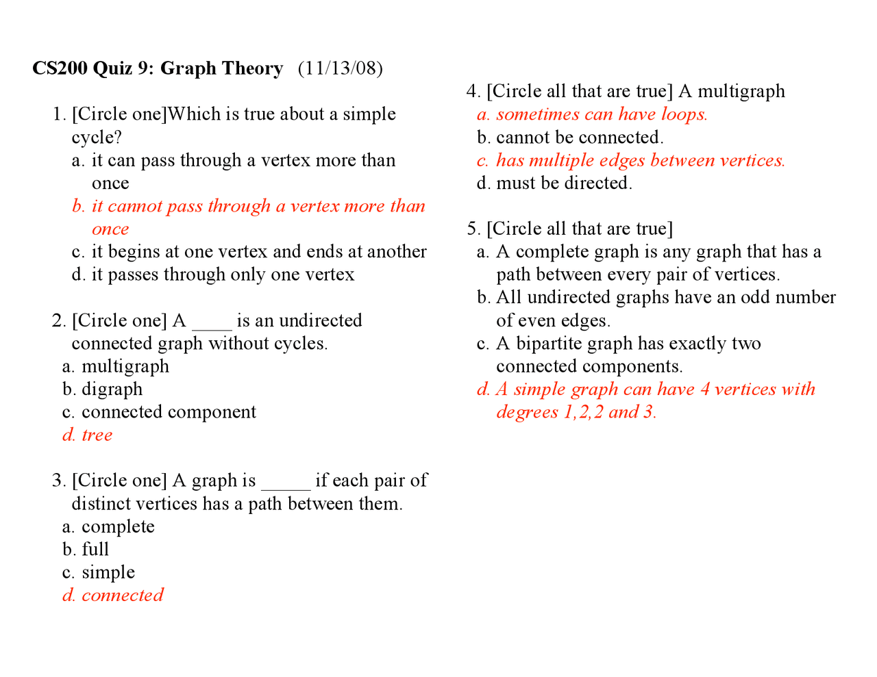 5 Questions On Graph Theory With Solution Quiz 9 Cs 200 Docsity