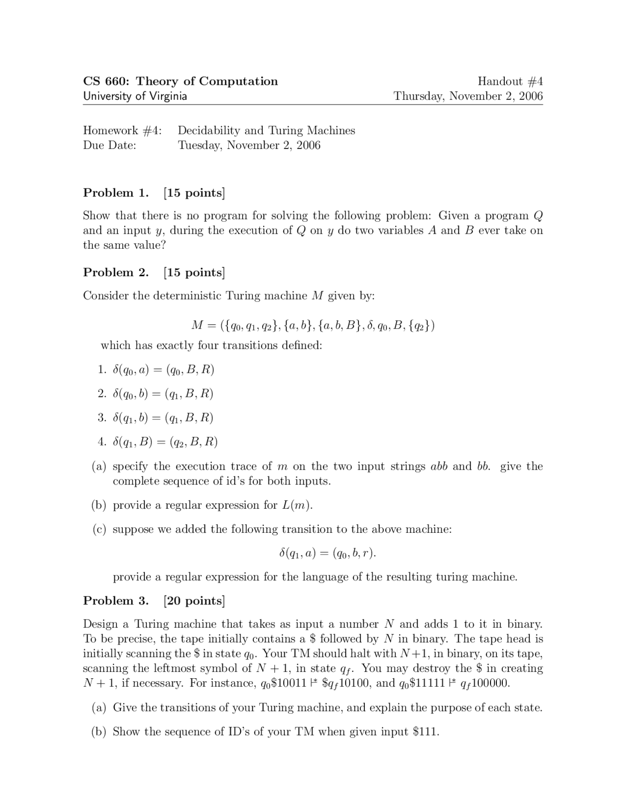 Problem Handout 4 Theory Of Computation 2006 Cs 6160 Docsity