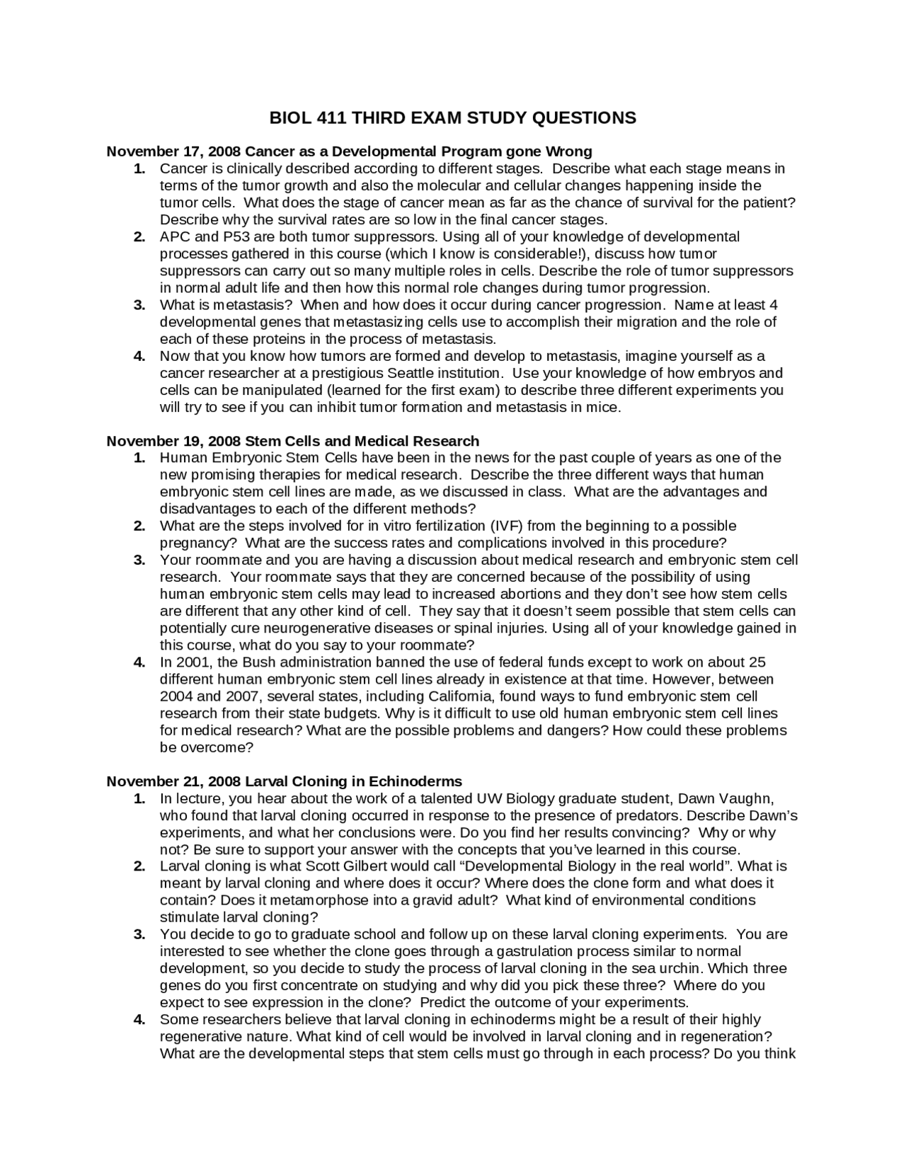 BIOL 411 Exam Questions: Cancer, Stem Cells, and Larval Cloning - Prof ...