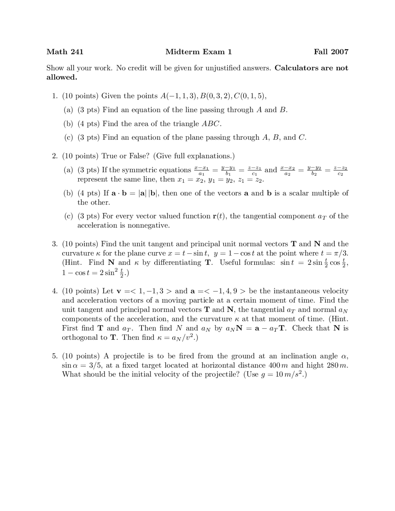 Midterm Exam Questions - Calculus III | MATH 241 - Docsity