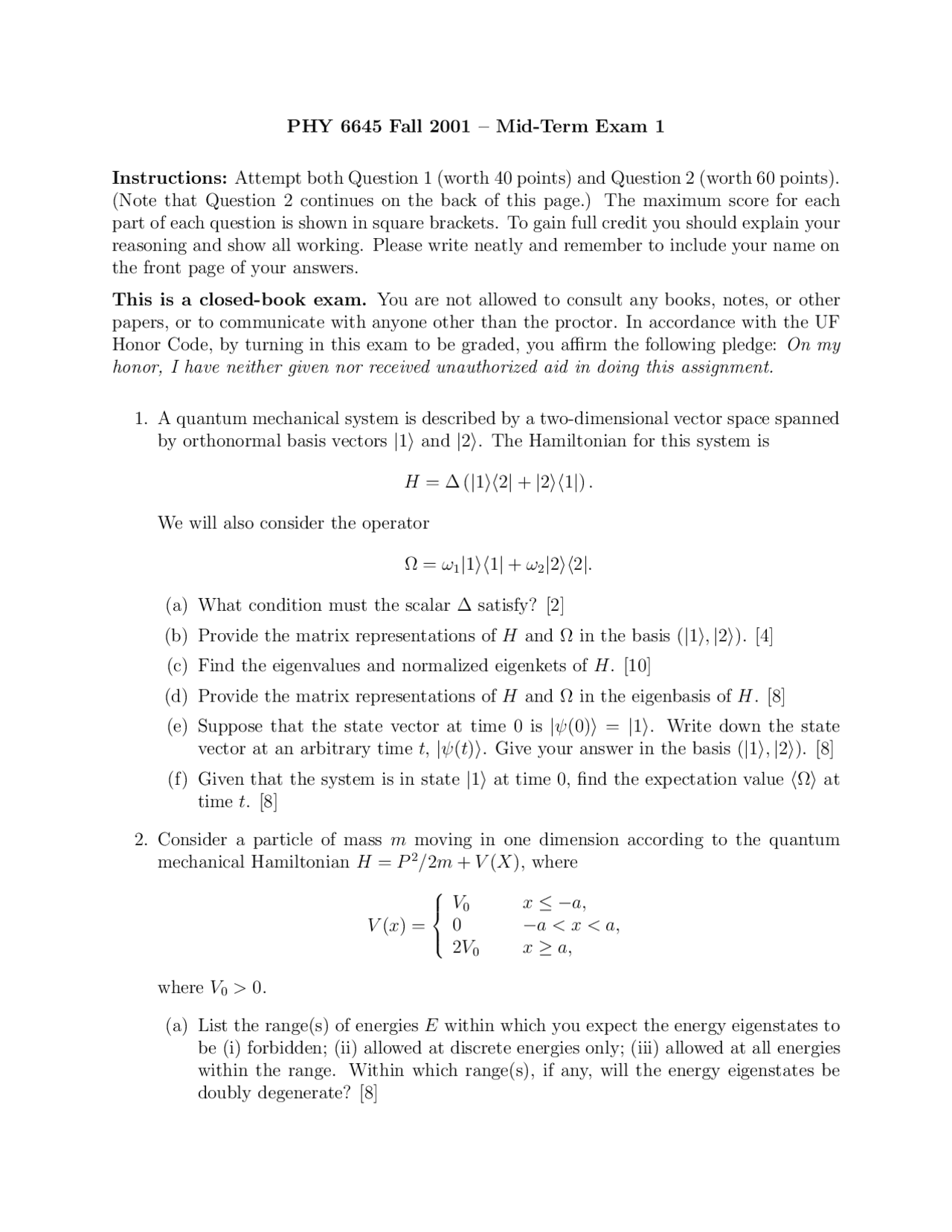 Midterm Exam 1 Questions - Quantum Mechanics I | PHY 6645 - Docsity