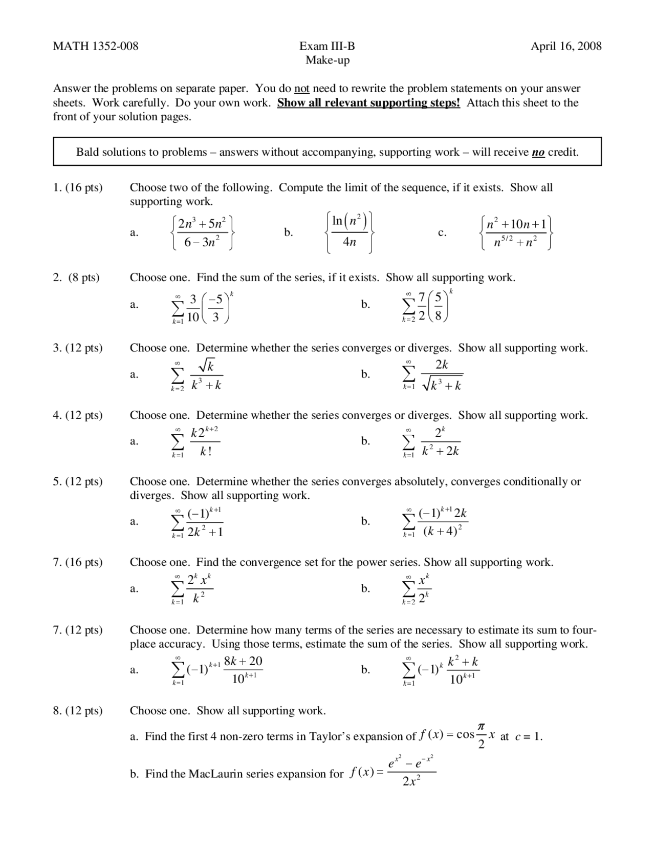Exam 3 With 8 Questions For Calculus Ii Honors Math 1352 Docsity