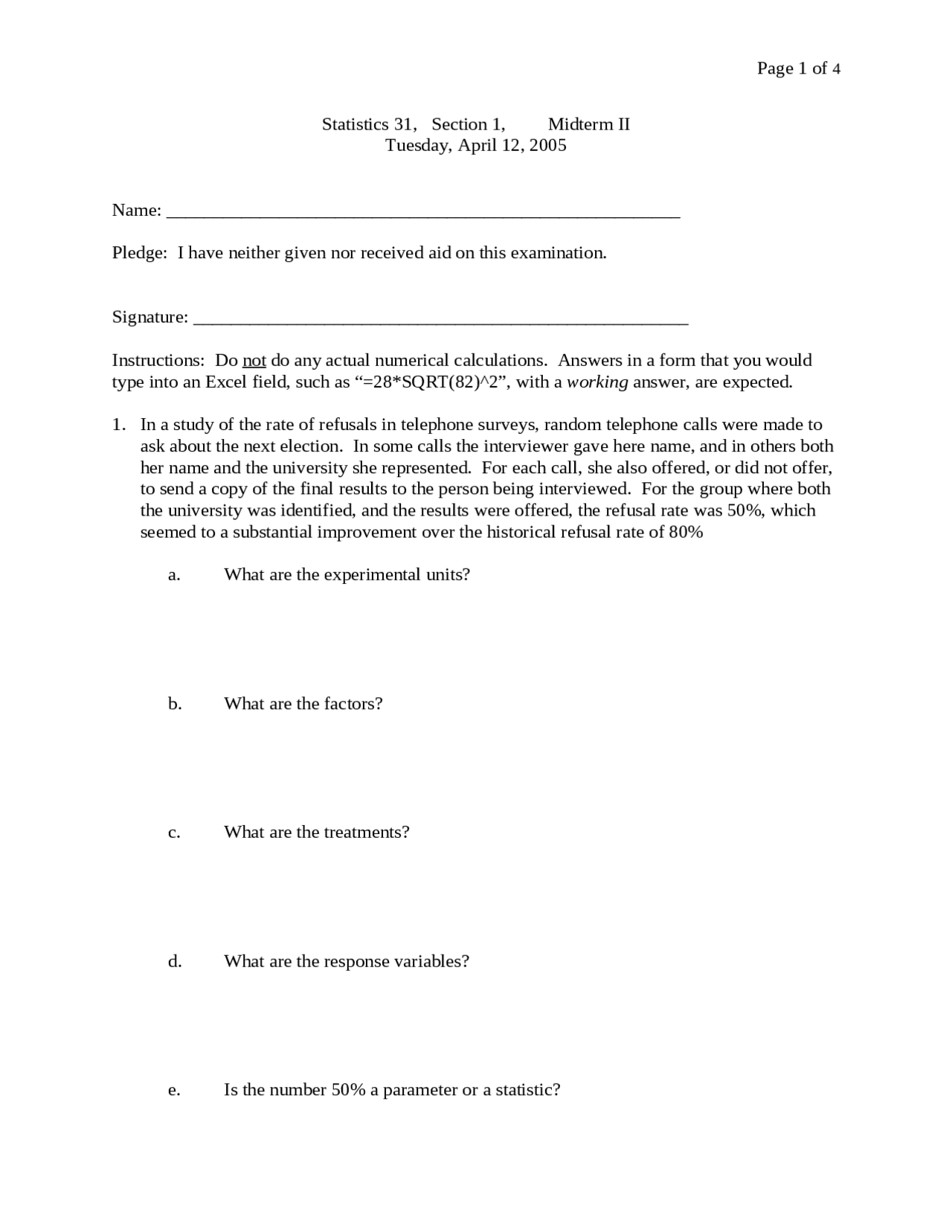 Introduction To Statistics Midterm Exam Questions Stor 155 Docsity