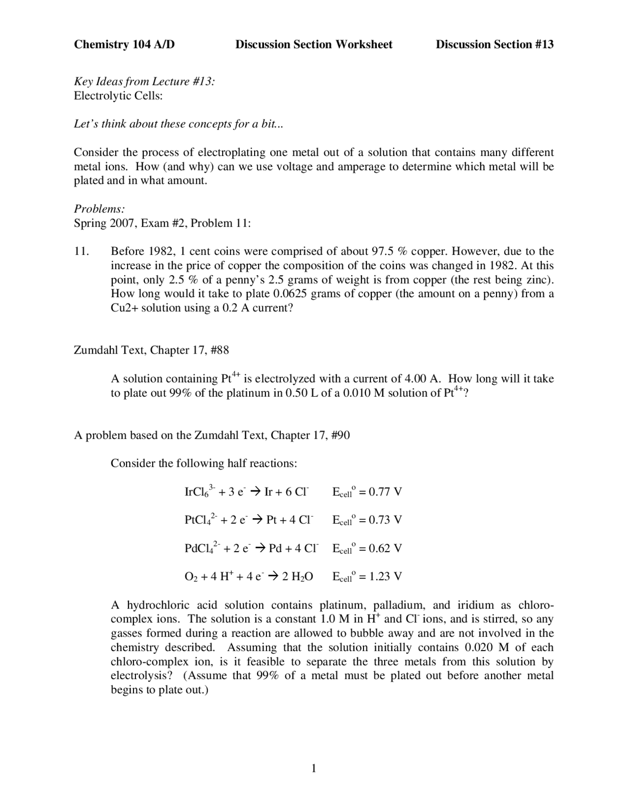 Discussion Section Worksheet for General Chemistry II | CHEM 104 - Docsity