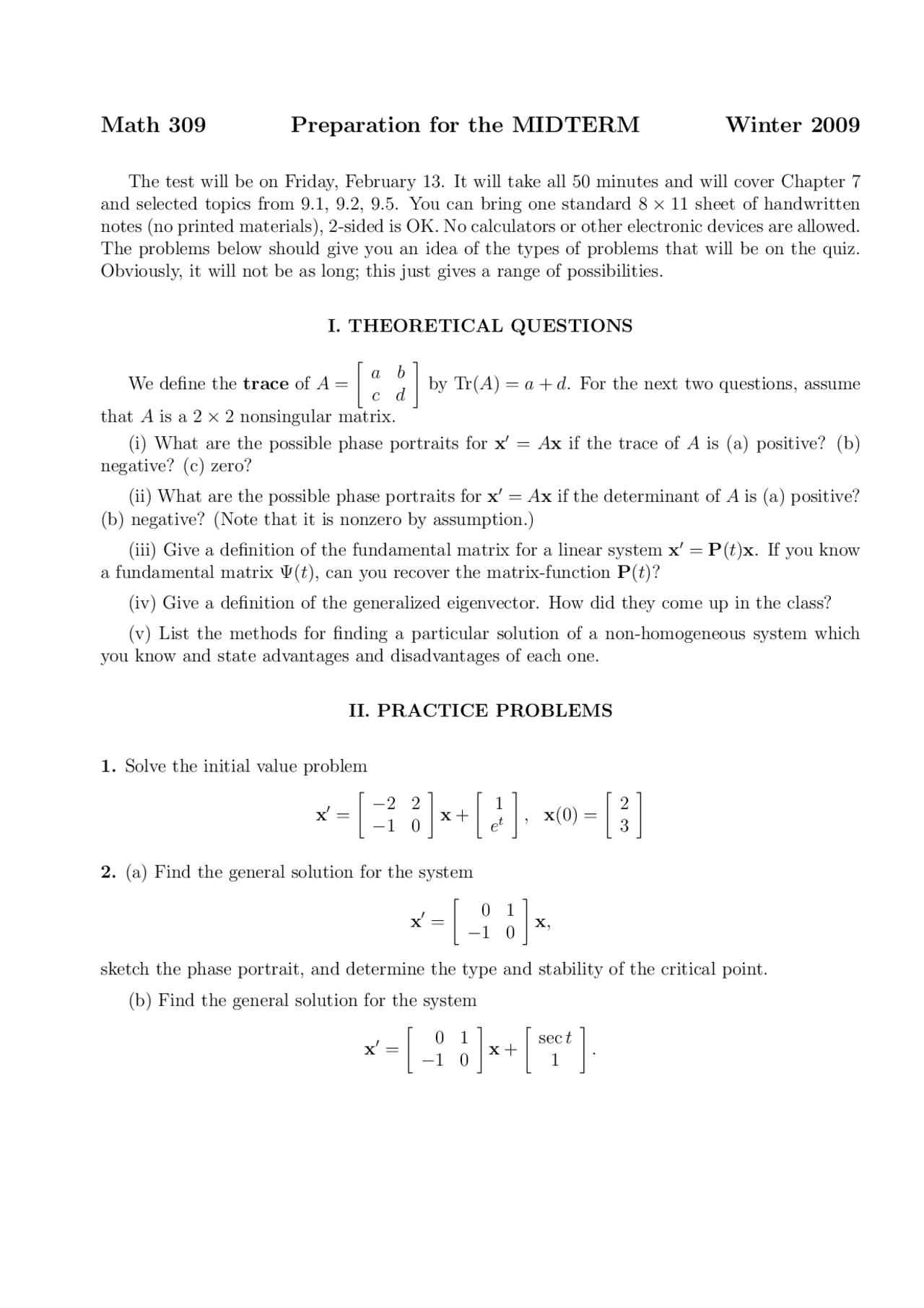 Practice Questions For Midterm Exam Linear Analysis Math 309 Docsity