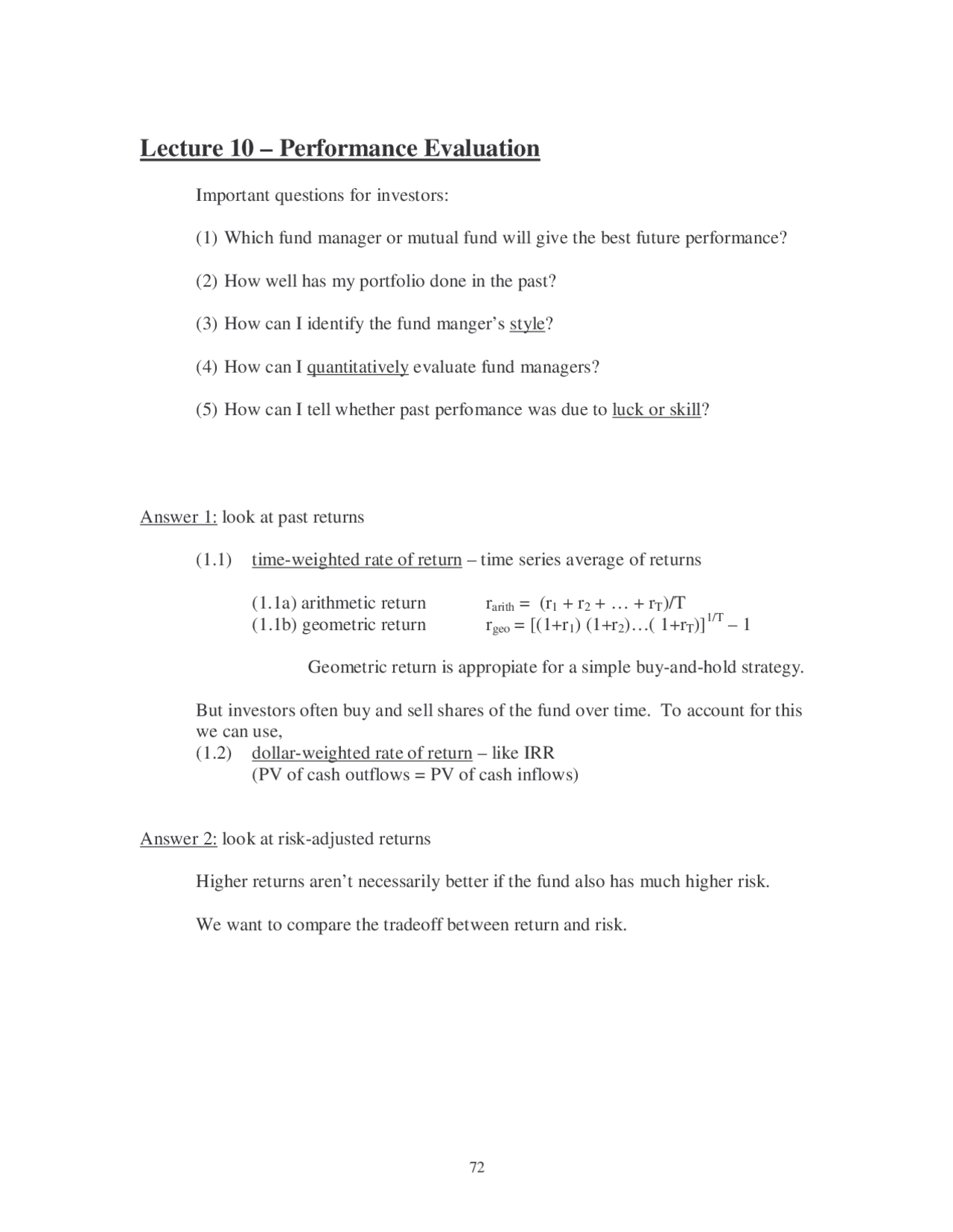 Notes On Performance Evaluation Fin 4504 Docsity