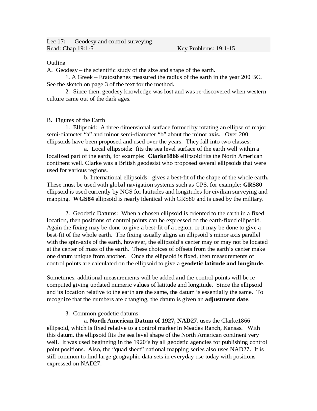 Lecture Notes On Geodesy And Control Surveying Sur 2101 Docsity