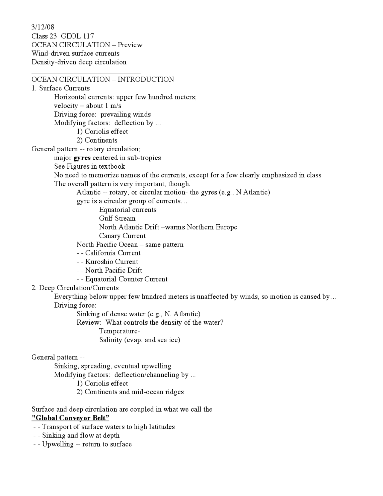 Lecture Notes On Ocean Circulation The Ocean Geol 117 Docsity