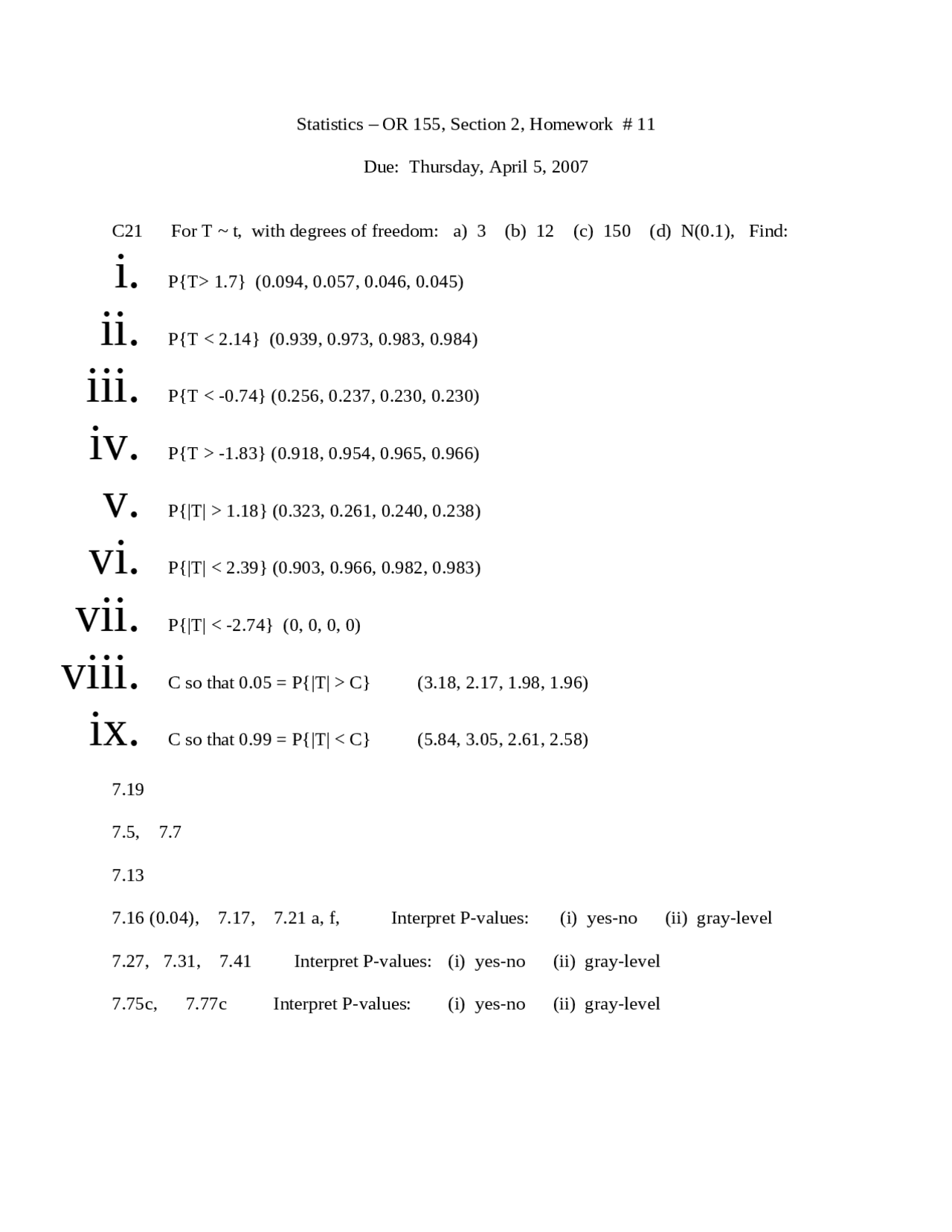 Problems On Introduction To Statistics Assignment 11 Stor 155 Docsity