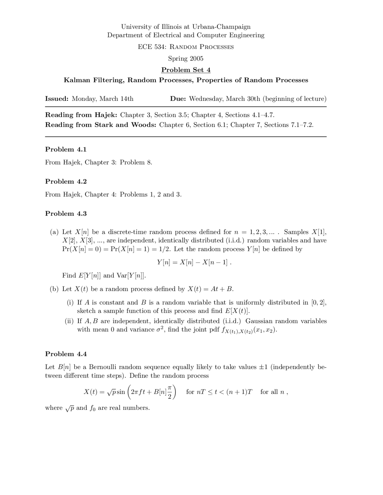 Problem Set Iv For Random Processes Ece 534 Docsity